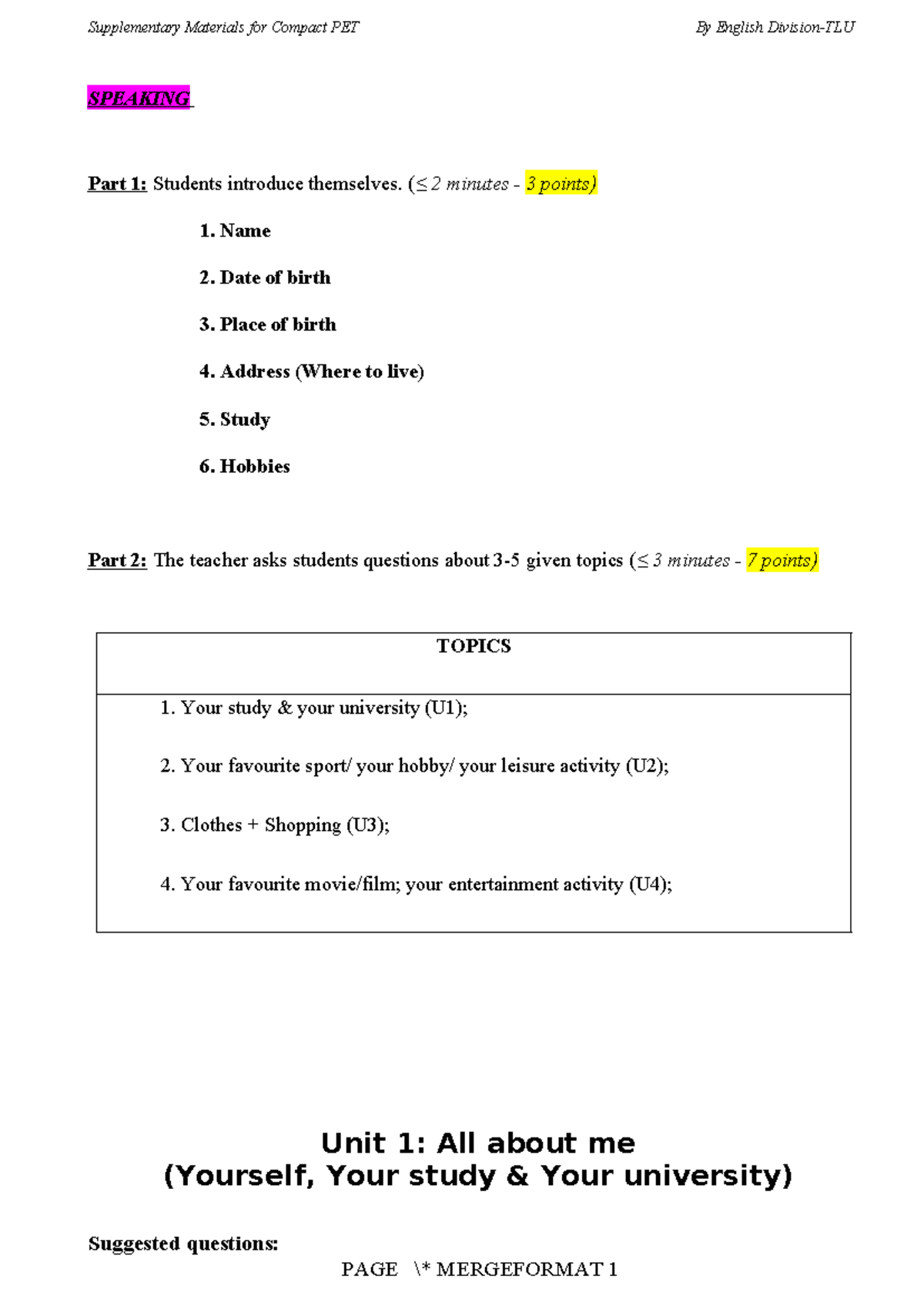 TA1-K61 Speaking Unit 1: All About Me - Supplementary Materials - Studocu