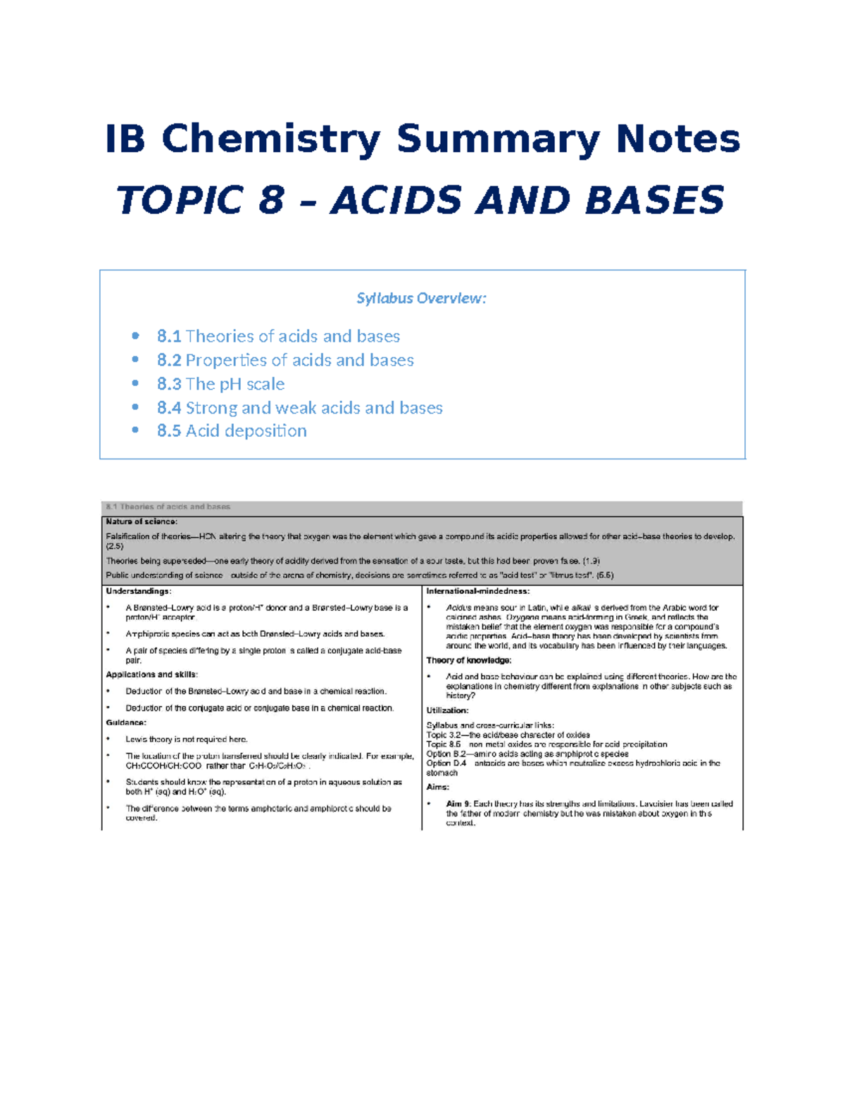 IB Chemistry Topic 8: Acids and Bases Summary Notes - Studocu