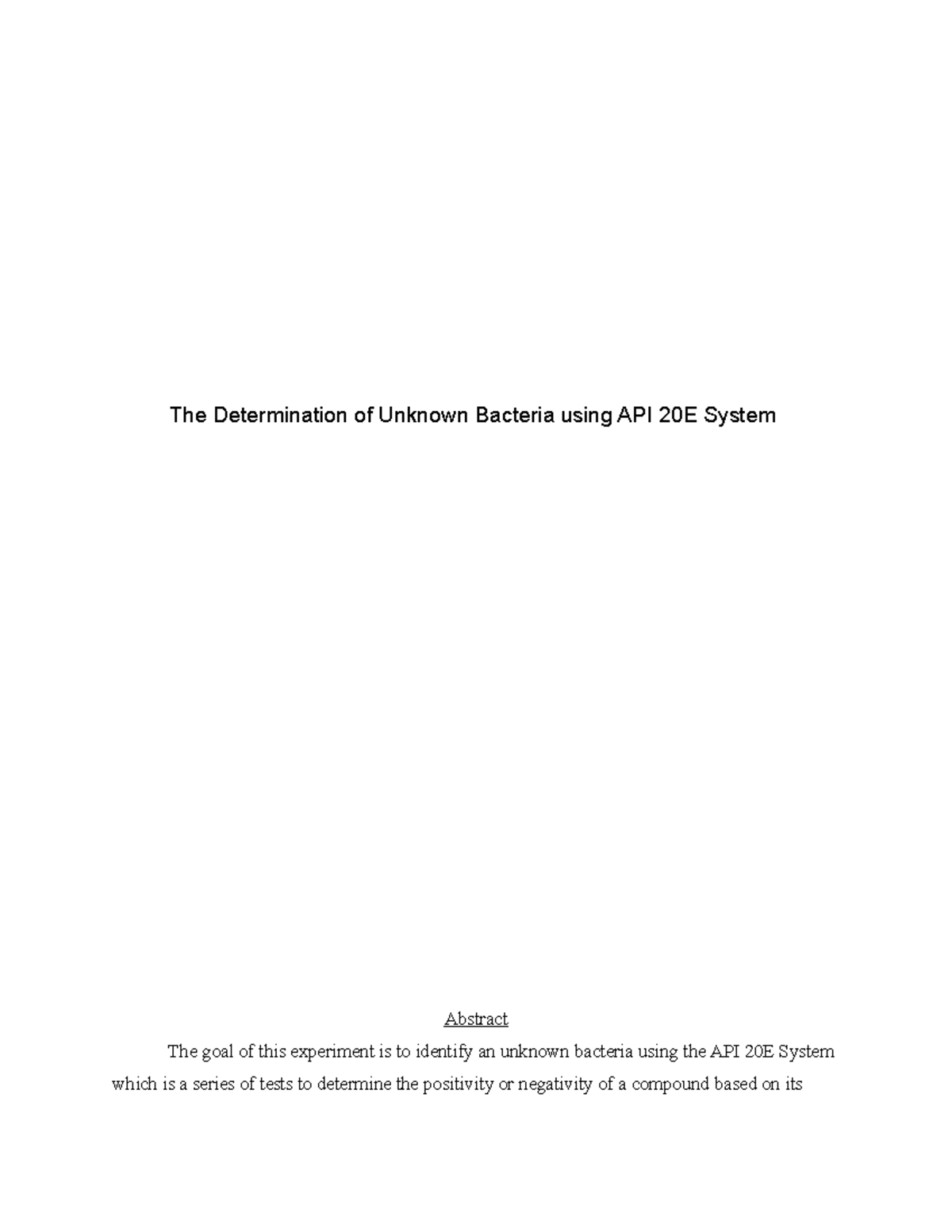 The Determination Of Unknown Bacteria Using Api 20e System The Determination Of Unknown