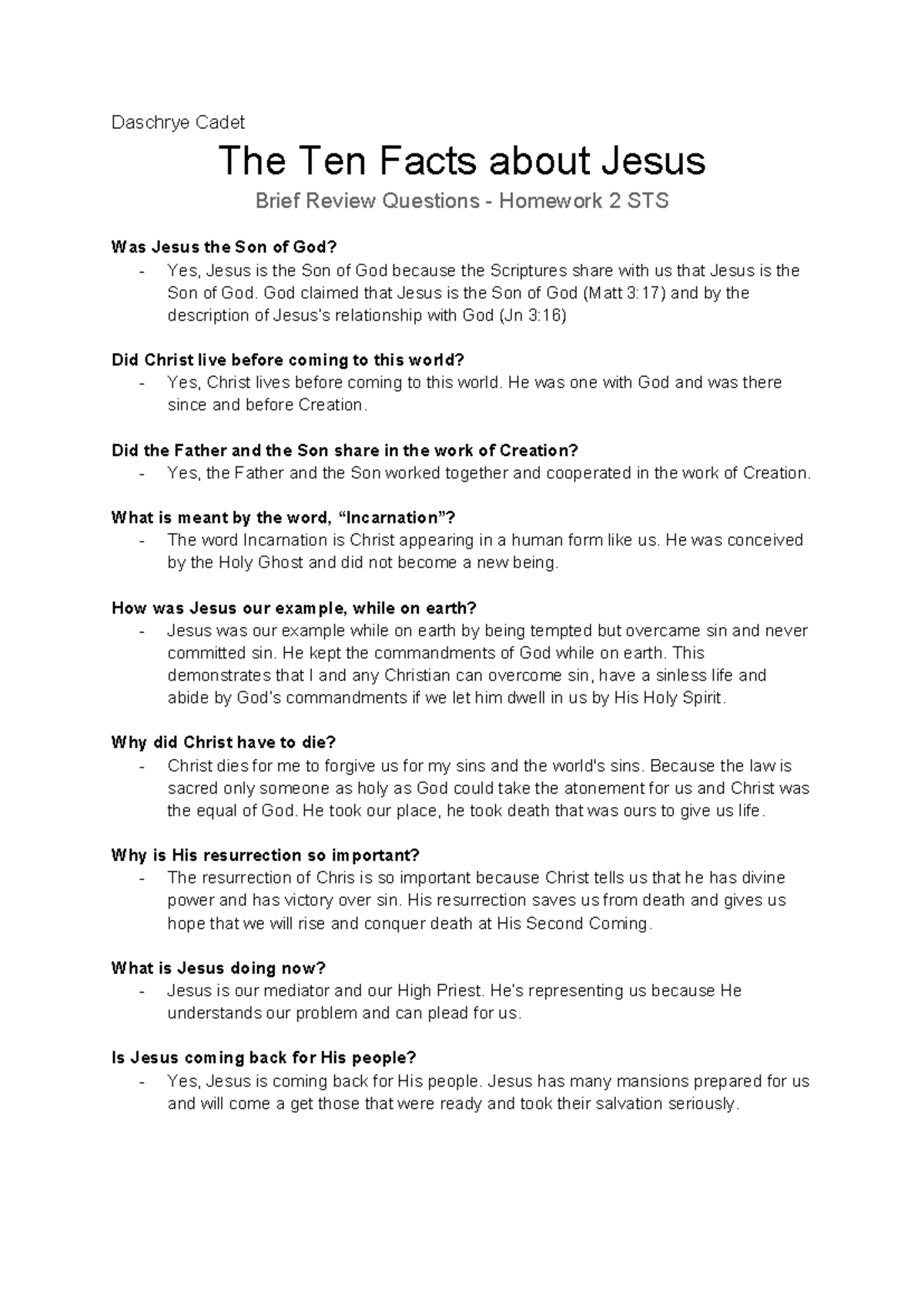 Homework 2 STS: Key facts about Jesus and His significance - Studocu