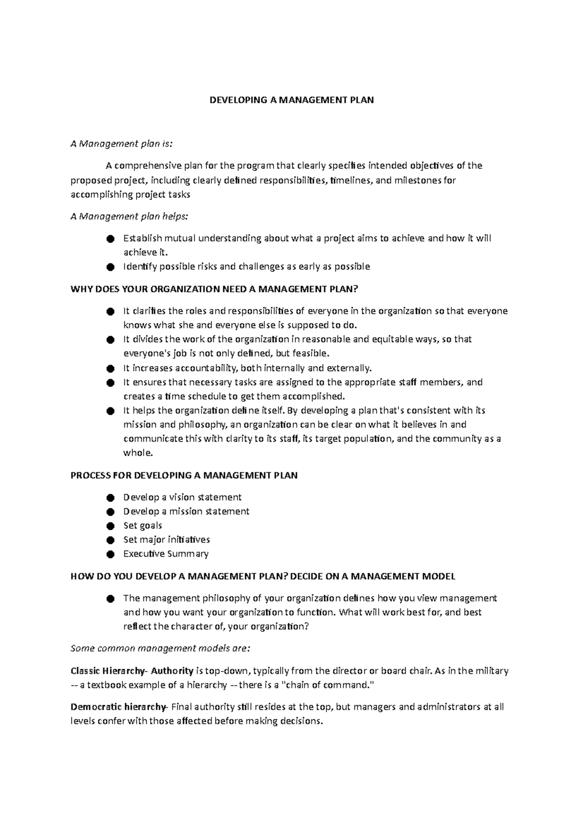 Management Plan Development - Lecture Notes 1 - Studocu