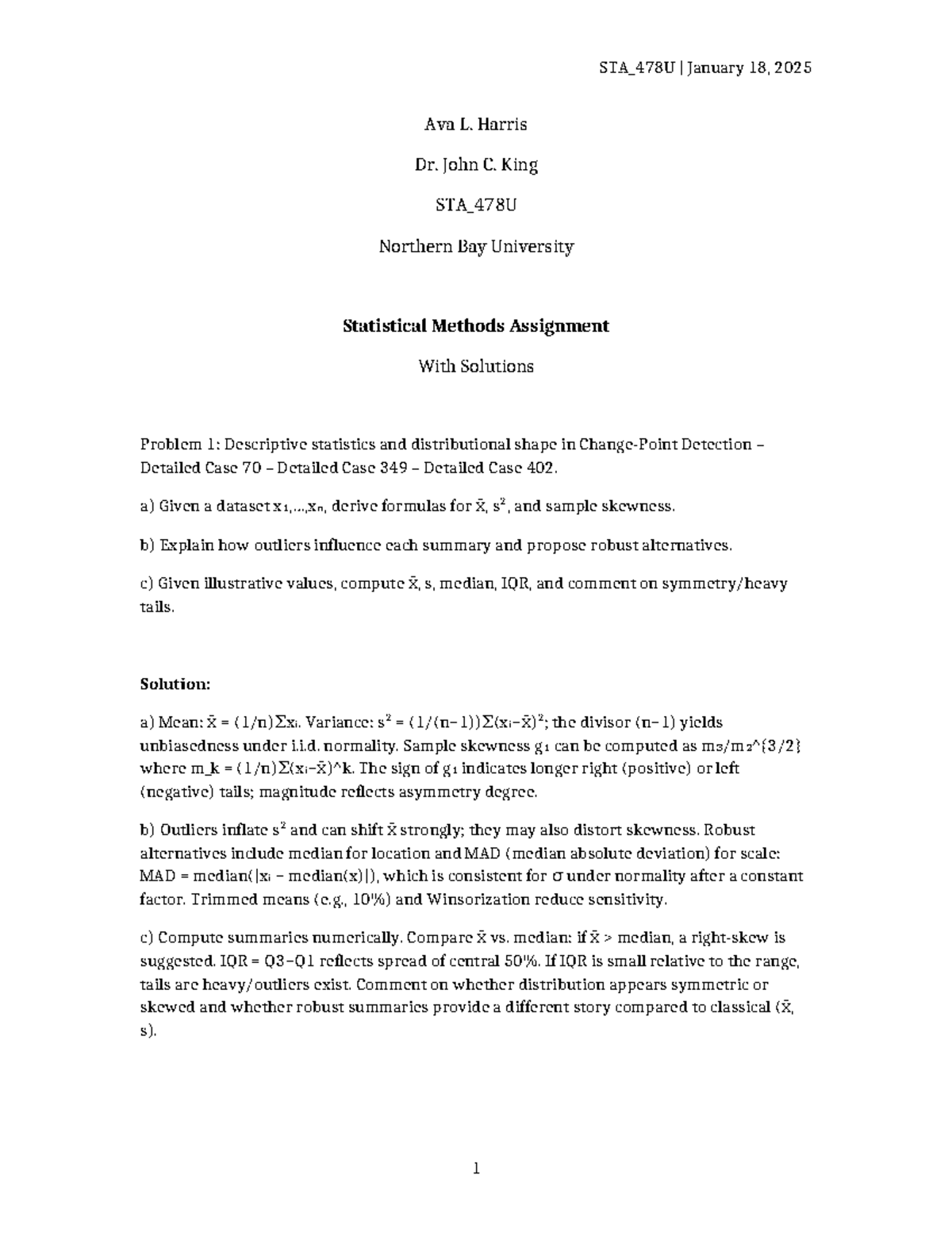 STA_478U Statistical Methods Assignment Solutions and Analysis - Studocu