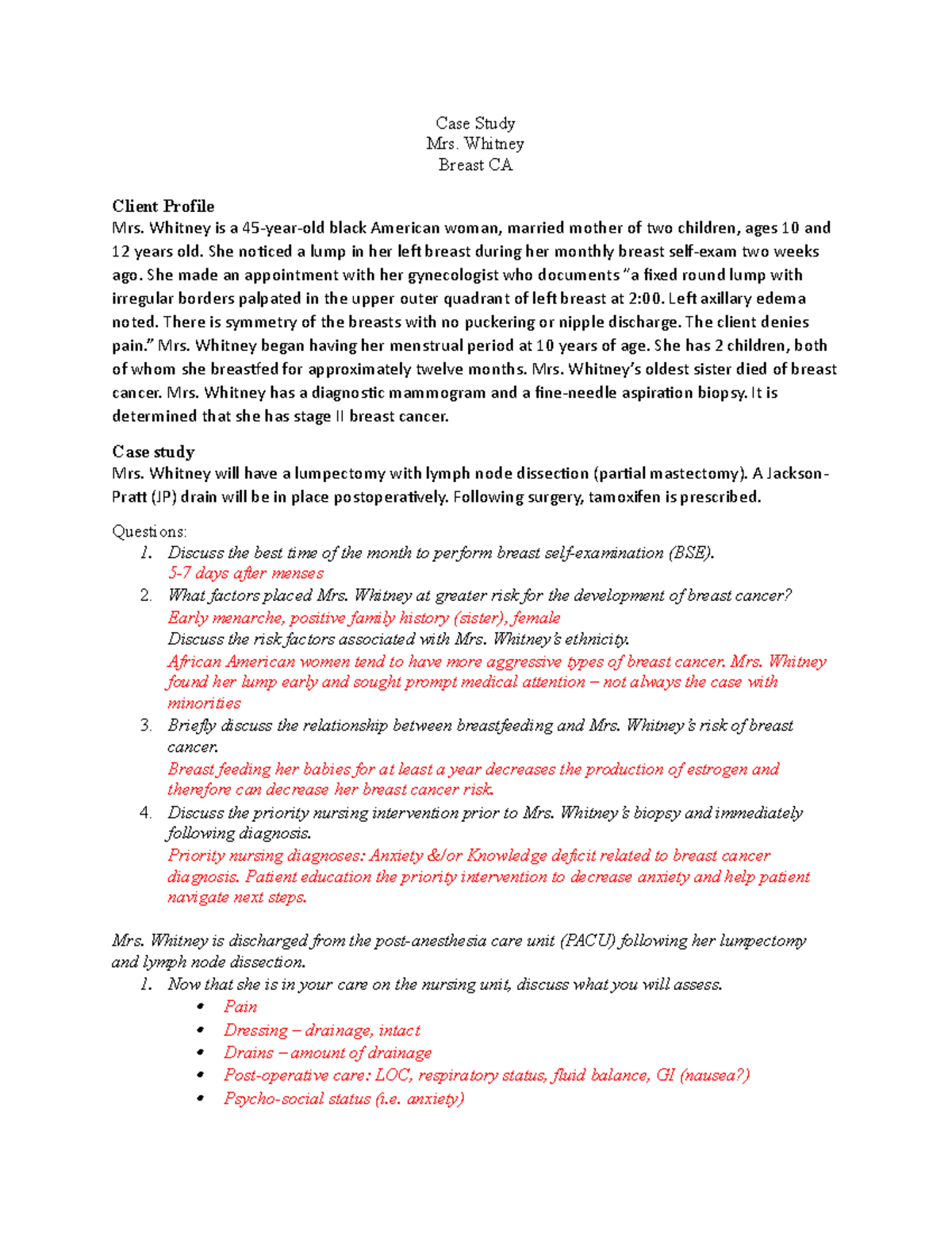 Breast Cancer Case Study: Mrs. Whitney's Clinical Journey and Care Plan ...