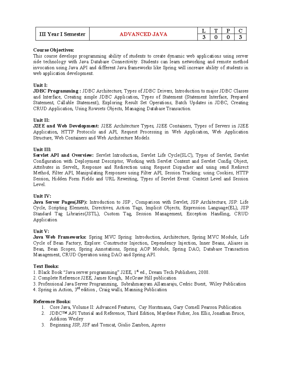 Advanced Java Theory Syllabus - Year I Semester (L3 T0 P0 C3) - Studocu