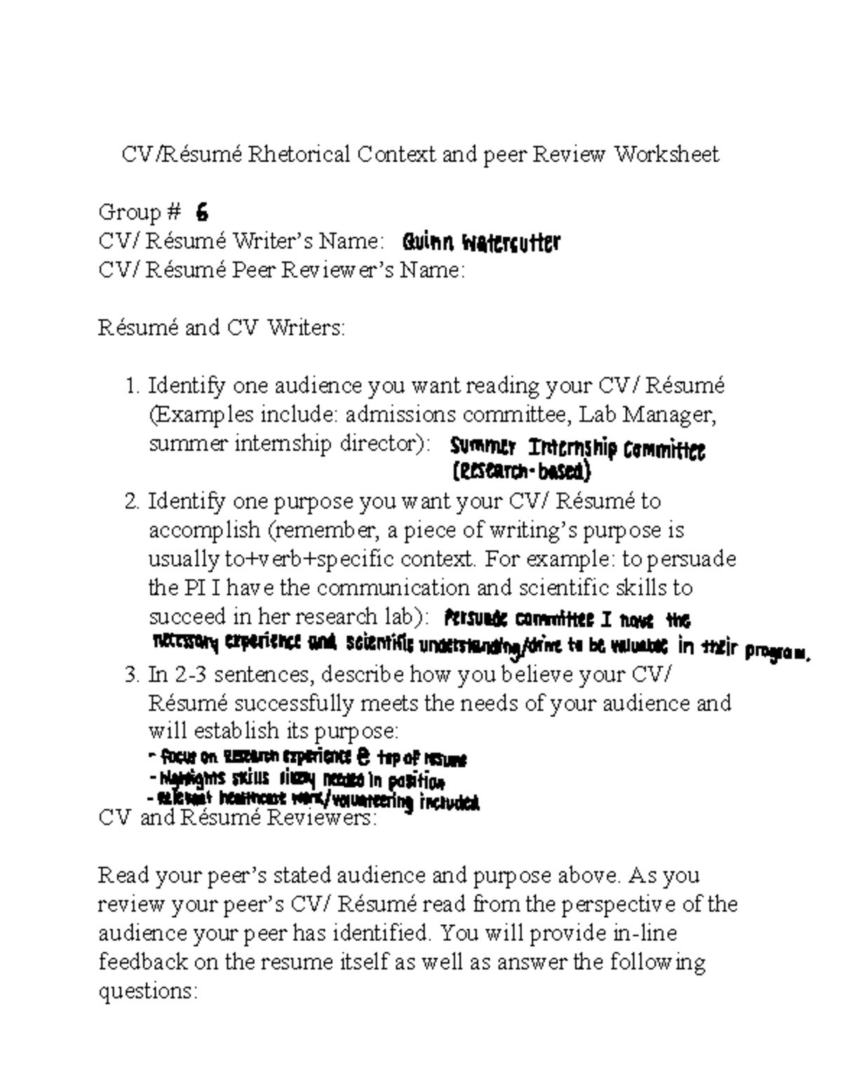 ENG217B CV/Résumé Peer Review & Workshop Worksheet - Studocu