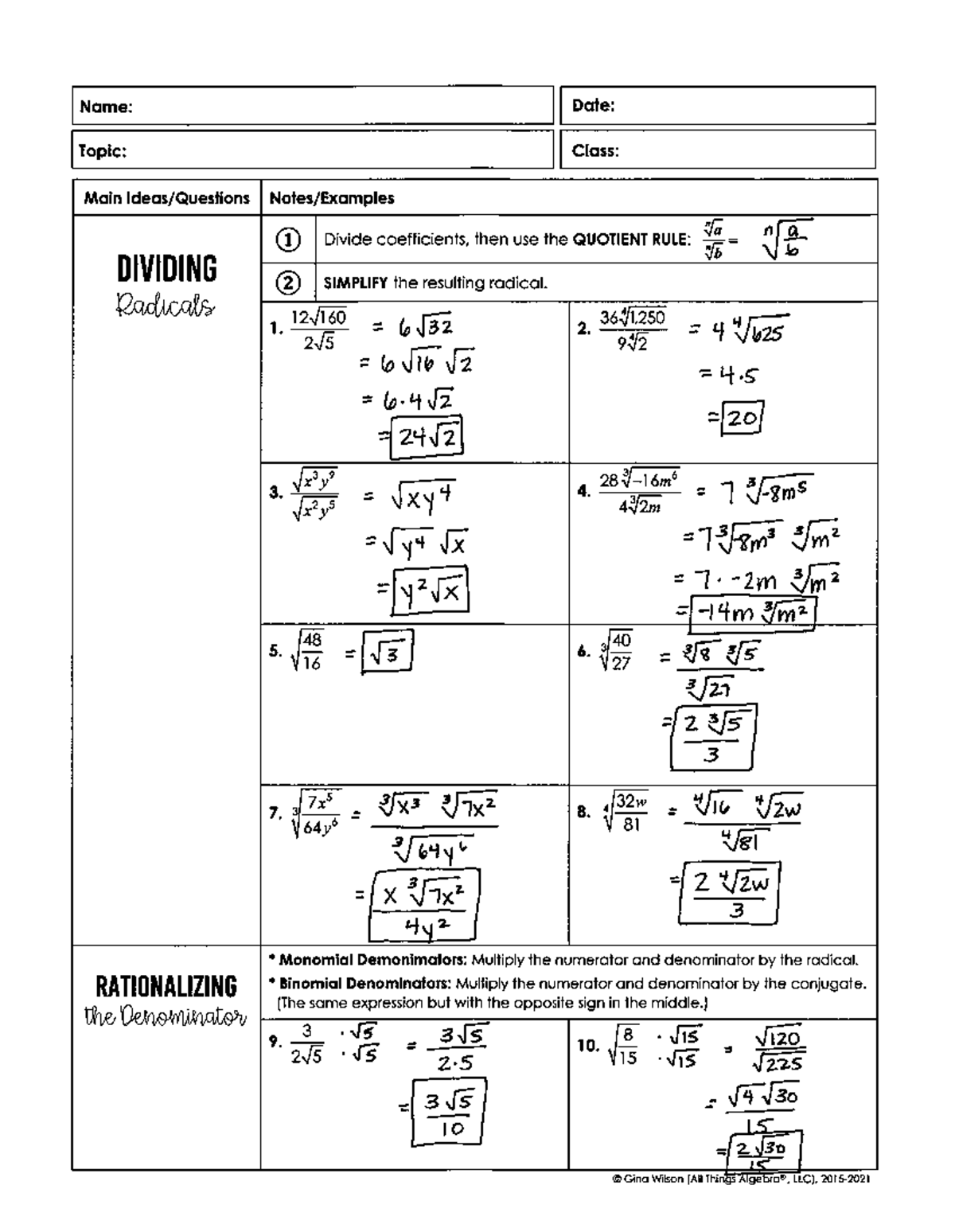 Alg IIB Unit 6 - 6.4 Notes: Dividing Radicals & Quotient Rule - Studocu