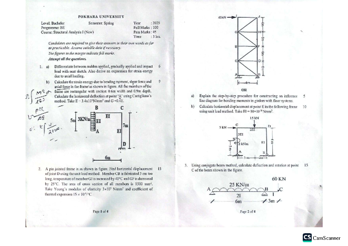 Structural Analysis I (BE) Spring 2025 Exam Questions - Studocu