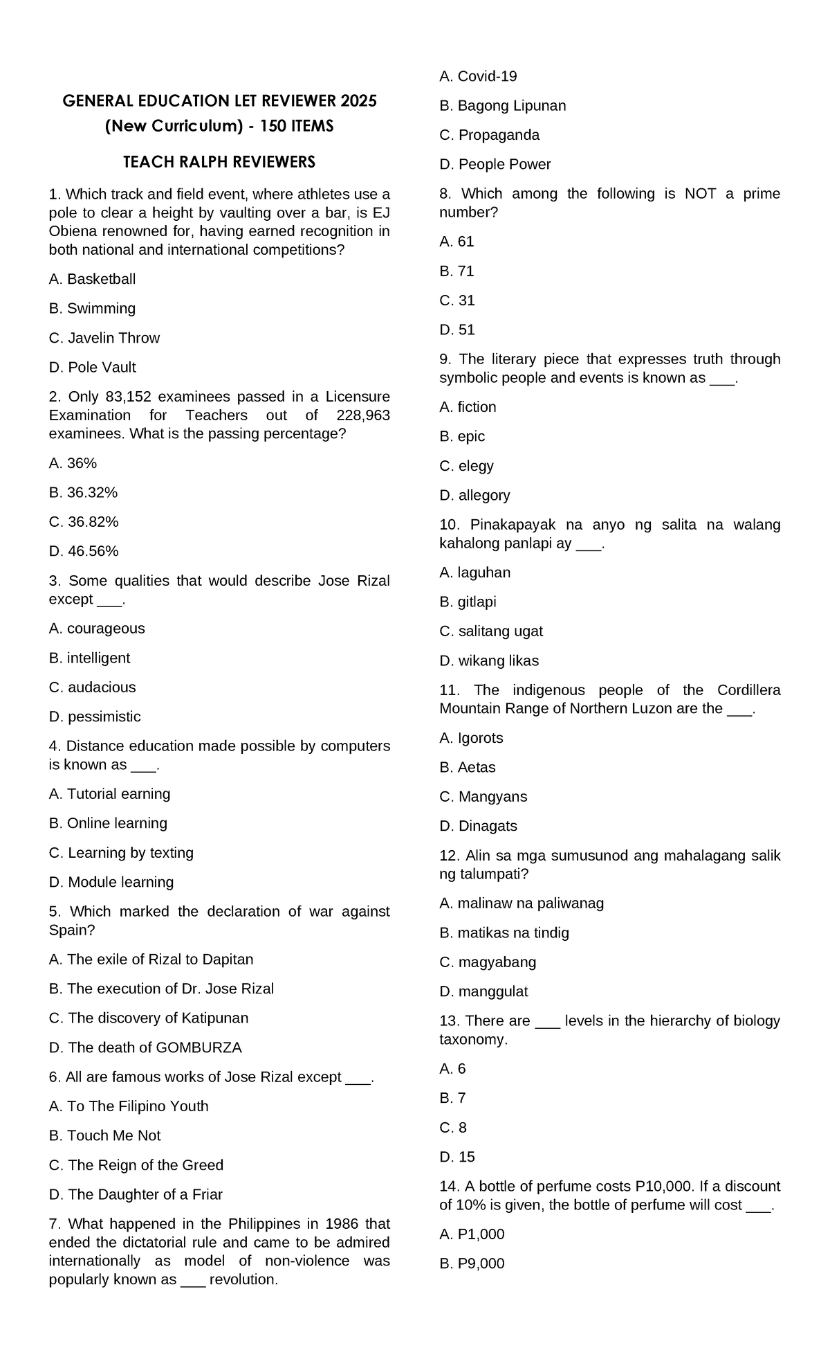 GENERAL EDUCATION LET REVIEWER 2025: 150 ITEMS FOR LPT - Studocu