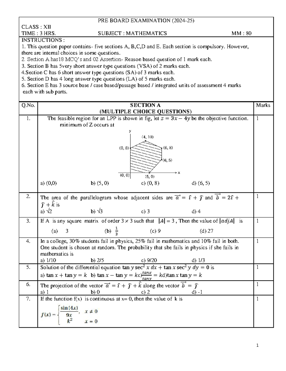 Question Paper - 2024: Pre Board Exam Class XII Mathematics - Studocu