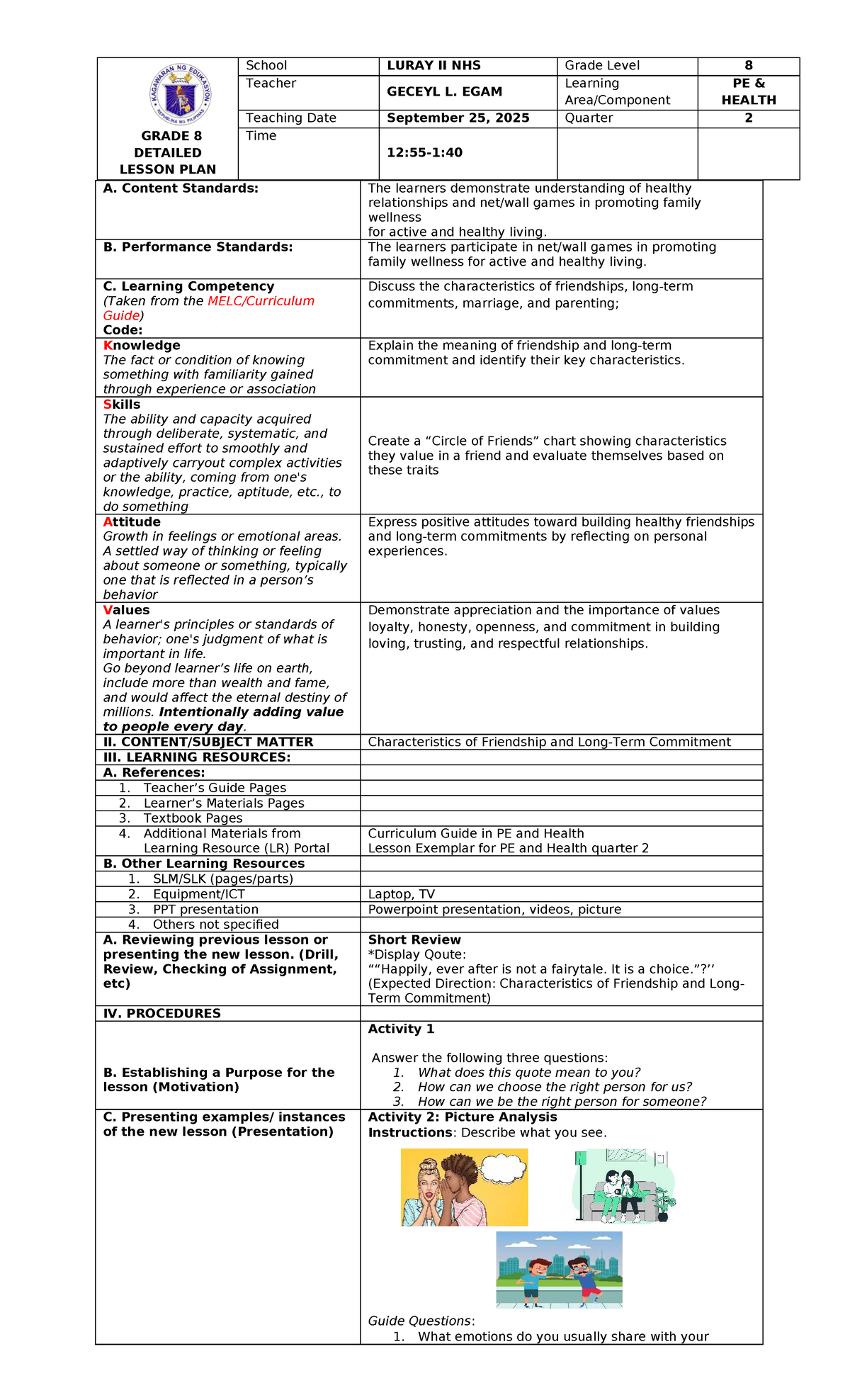 Detailed Lesson Plan for Grade 8 PE & Health (DLP-CO Q2) - Studocu