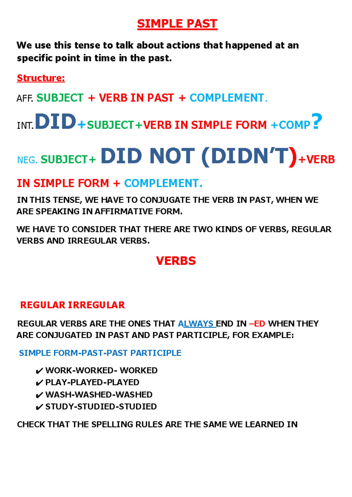 SIMPLE PAST TENSE: Structure, Regular & Irregular Verbs - Studocu