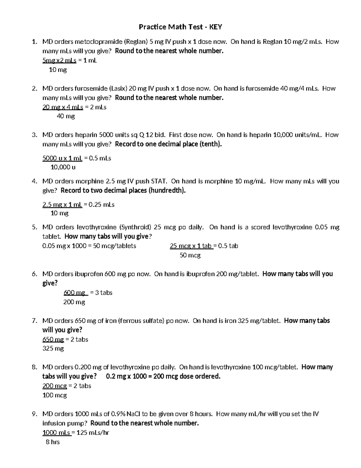Practice Math Test LAB - KEY 4 - Practice Math Test - KEY MD orders ...