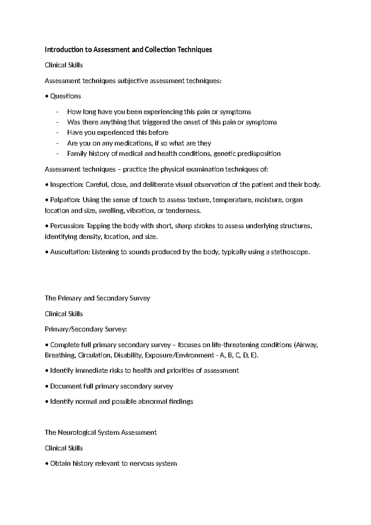 HNN114 Clinical Skills Assessment Techniques Exam Notes - Studocu