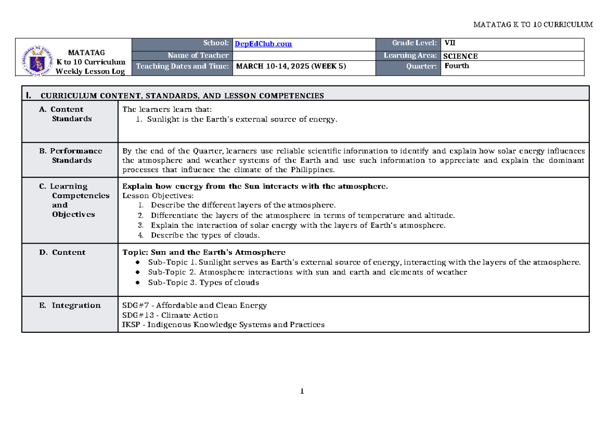 DLL Matatag Science 7 Q4 W5: Sun, Atmosphere & Weather Interactions ...