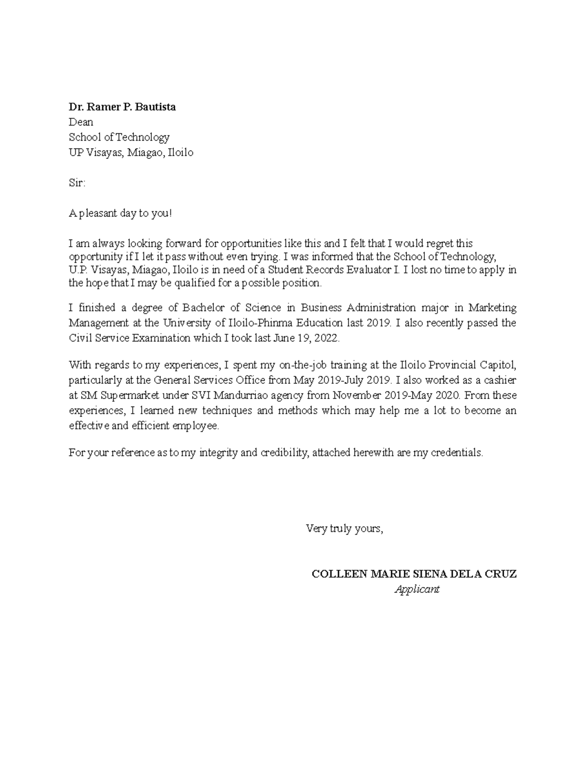 Application Letter DELA CRUZ, Colleen Marie Studentrecordsevaluator ...