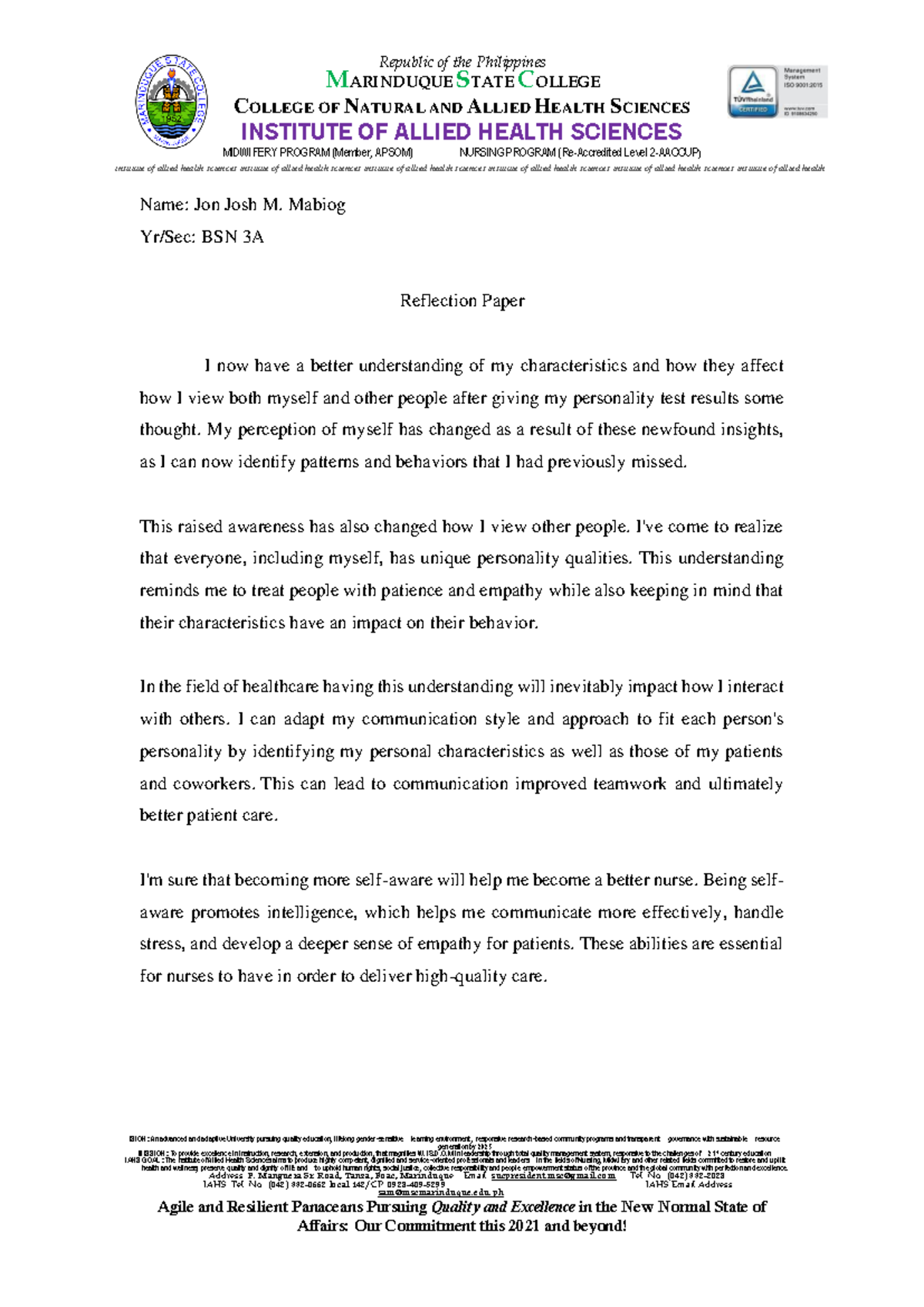 Mabiog JON JOSH Reflection Paper - Republic of the Philippines ...