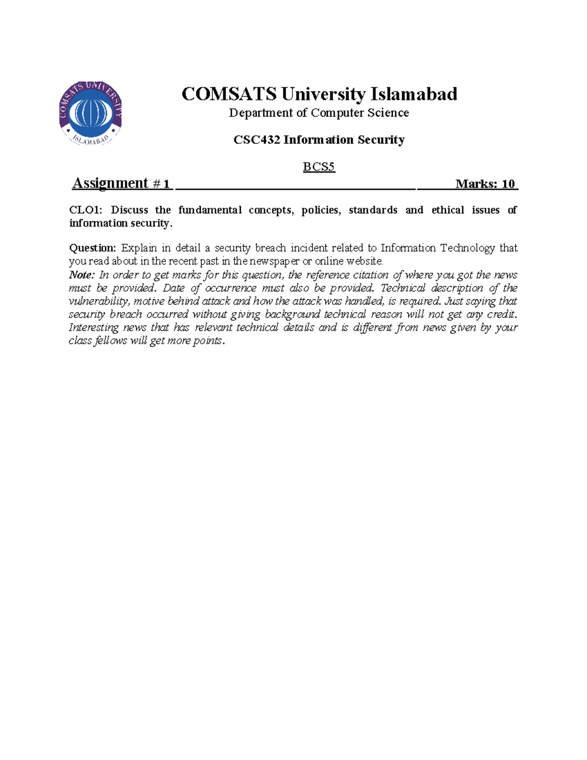IS Assignment 1 - COMSATS University Islamabad Department of Computer ...