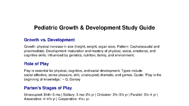 Pediatric Growth & Development Study Guide (PEDS 101) - Studocu