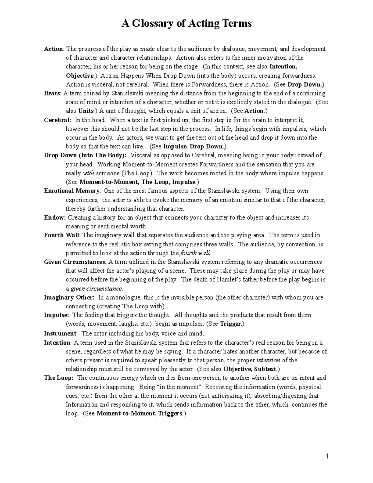 A Glossary of Acting Terms: Key Concepts for Theatre (M2M) - Studocu