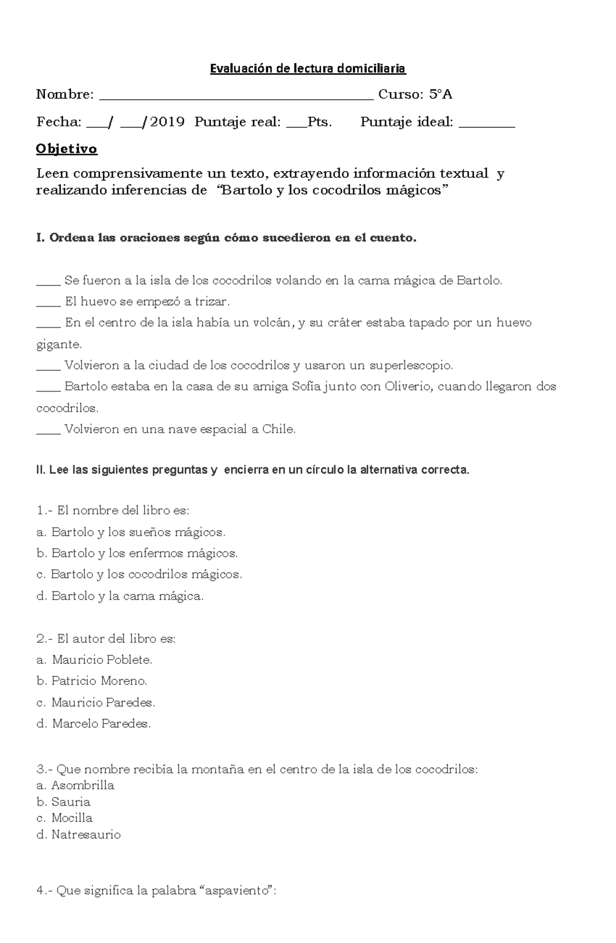 412875512 Evaluación de Lectura: Bartolo y Los Cocodrilos Mágicos - Studocu