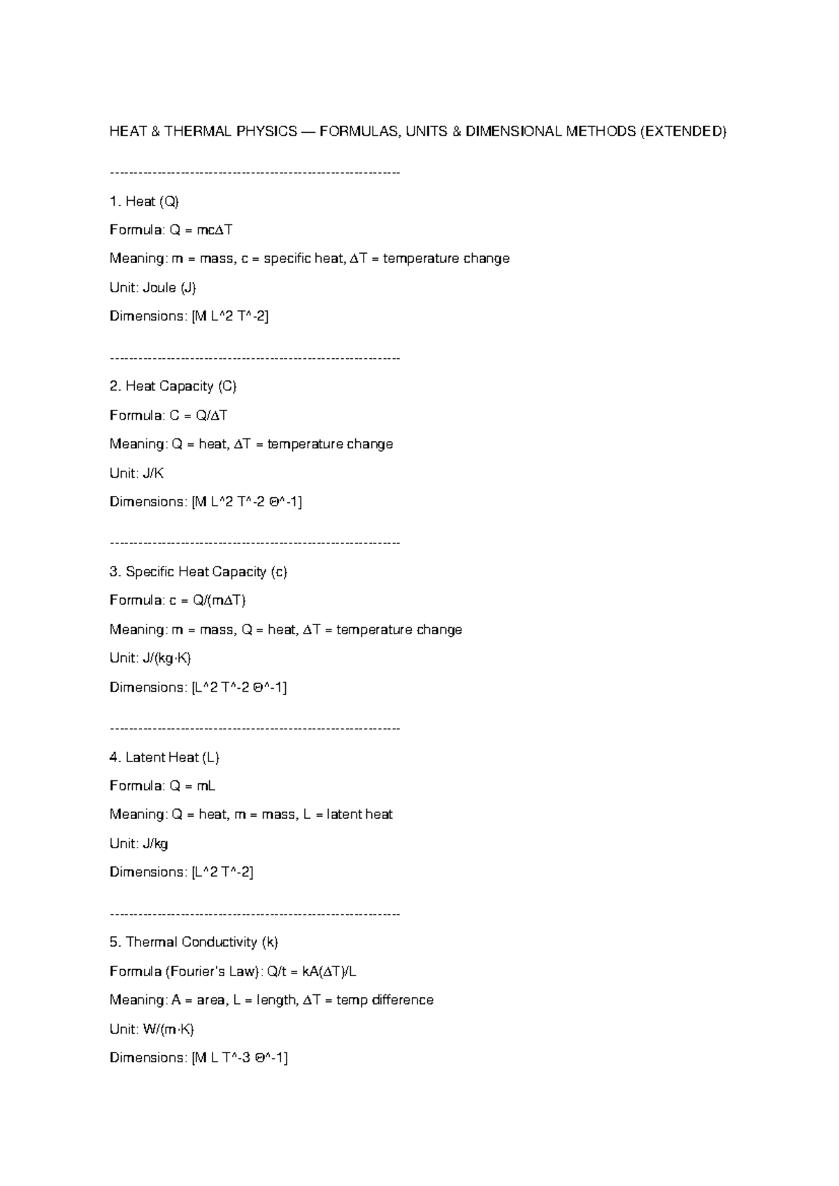 HEAT THERMAL PHYSICS FORMULAS & DIMENSIONS (EXTENDED) - Studocu