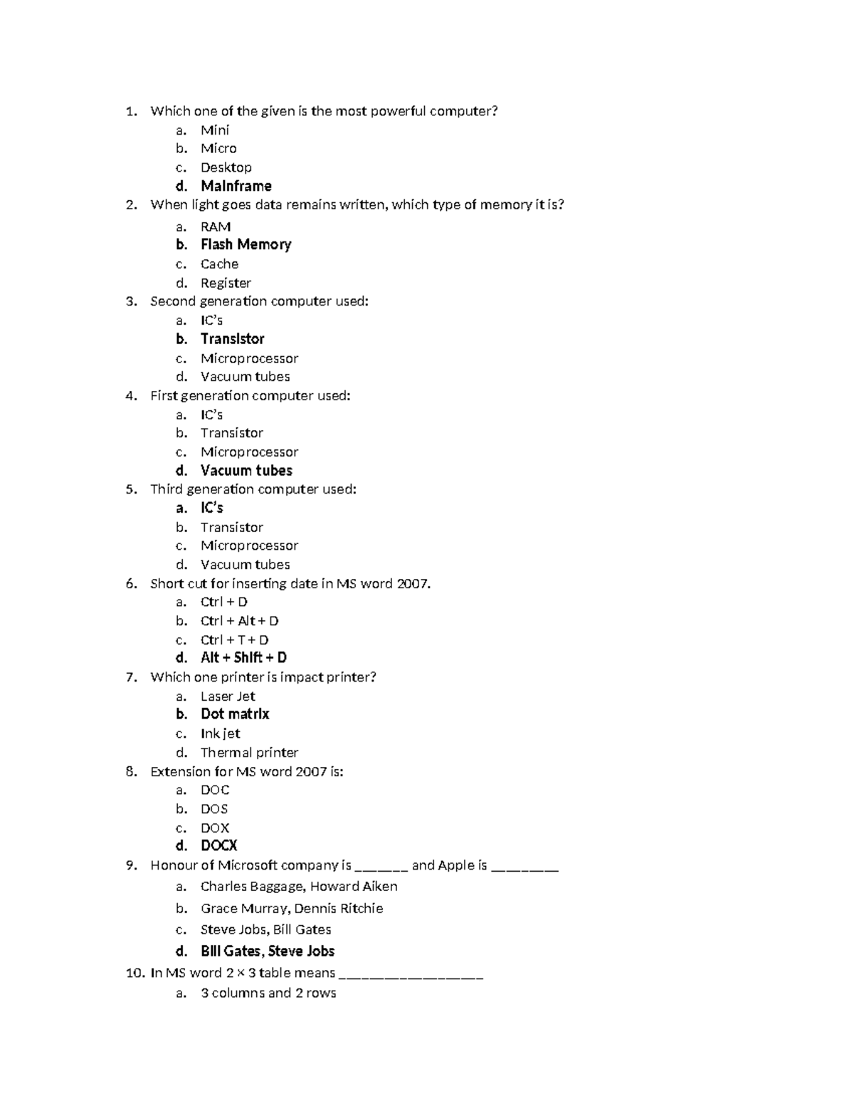 Computer Paper (1) - MCQs for First Semester BS Paramedics KMU - Studocu