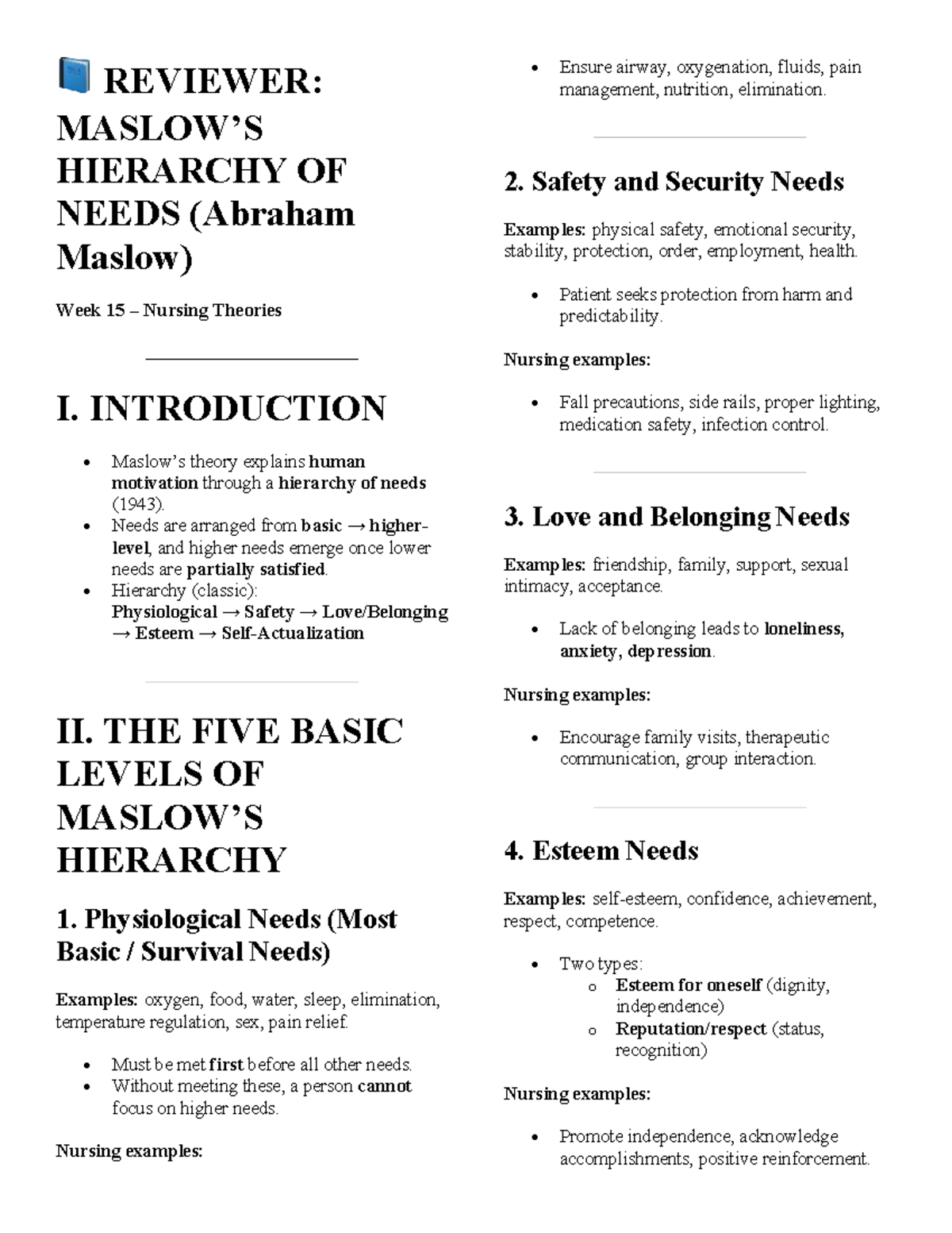 REVIEWER: Maslow's Hierarchy of Needs in Nursing (Week 15) - Studocu