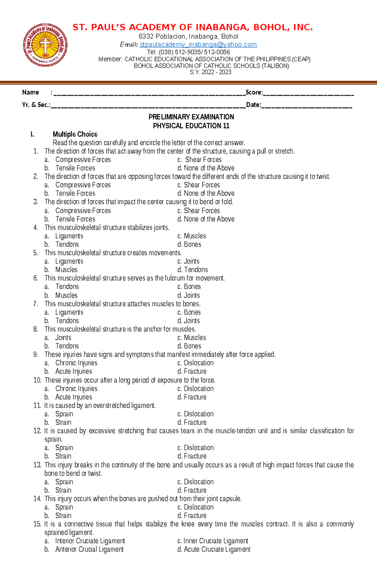 PE 11 Preliminary Exam: Multiple Choice & True/False Questions - Studocu