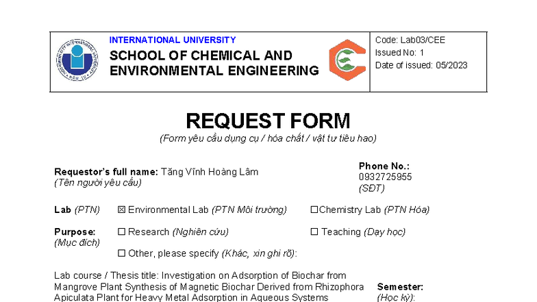 Lab03/CEE Request Form for Environmental Lab Supplies - Studocu