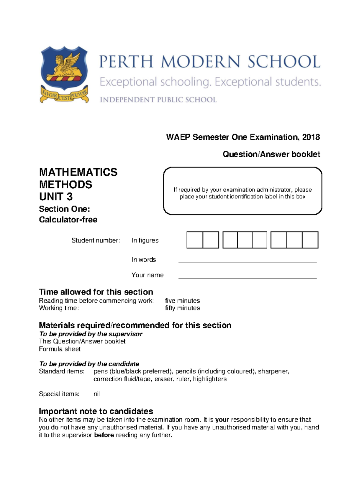 WAEP 2018 Yr12 Mathematics Methods U3 S1 Calculator-Free Exam - Studocu