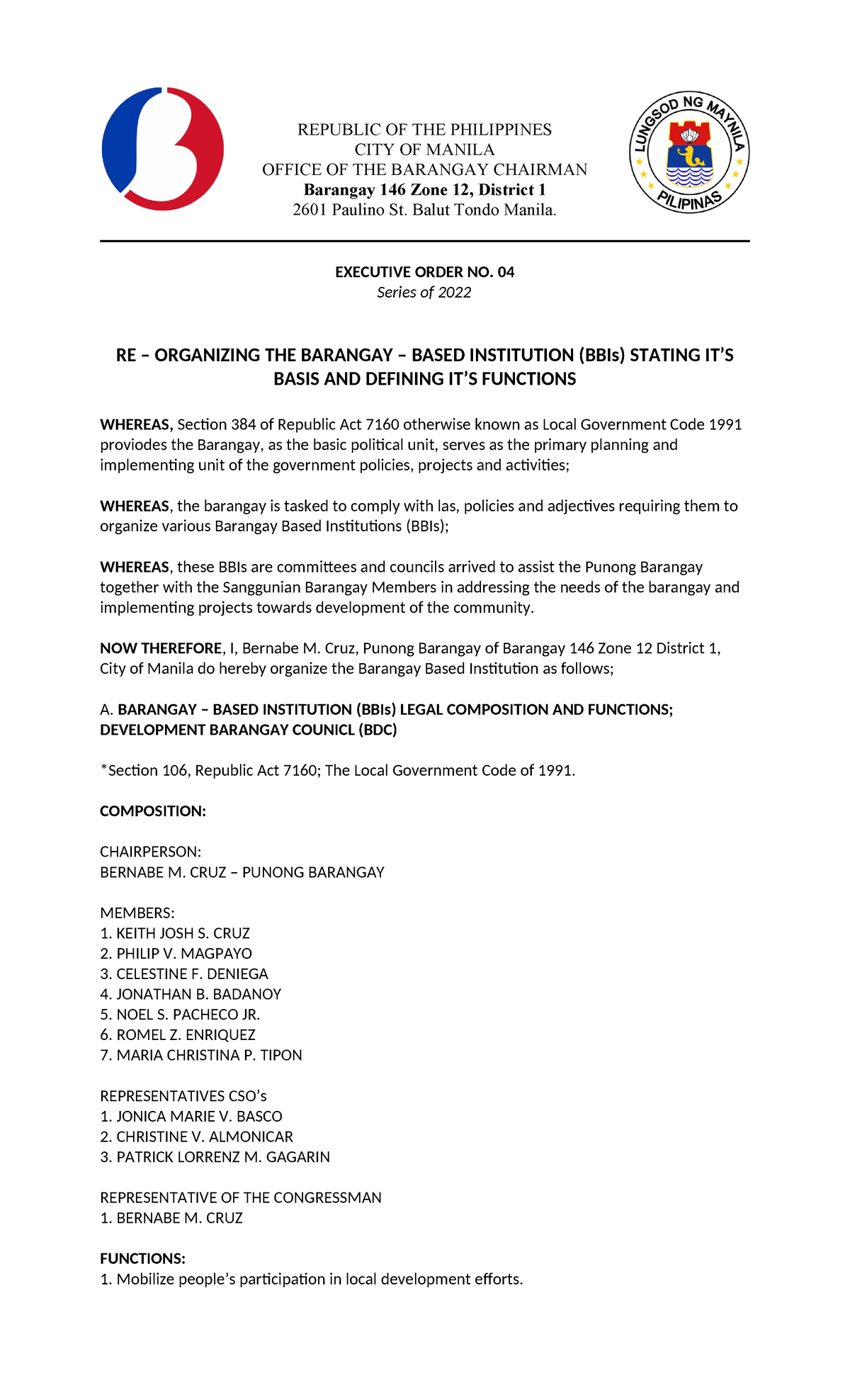 EO 04-2022: Reorganizing the Barangay-Based Institutions (BBIs) - Studocu
