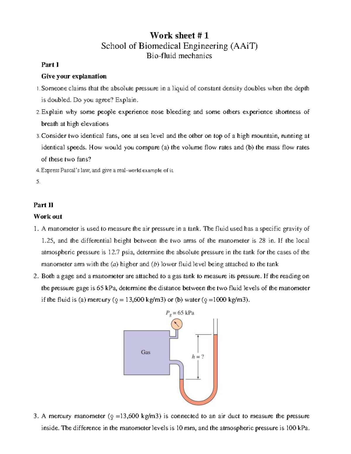 Work sheet - BIO FLUID MECHANICS COURSE MATERIAL - Work sheet # 1 ...