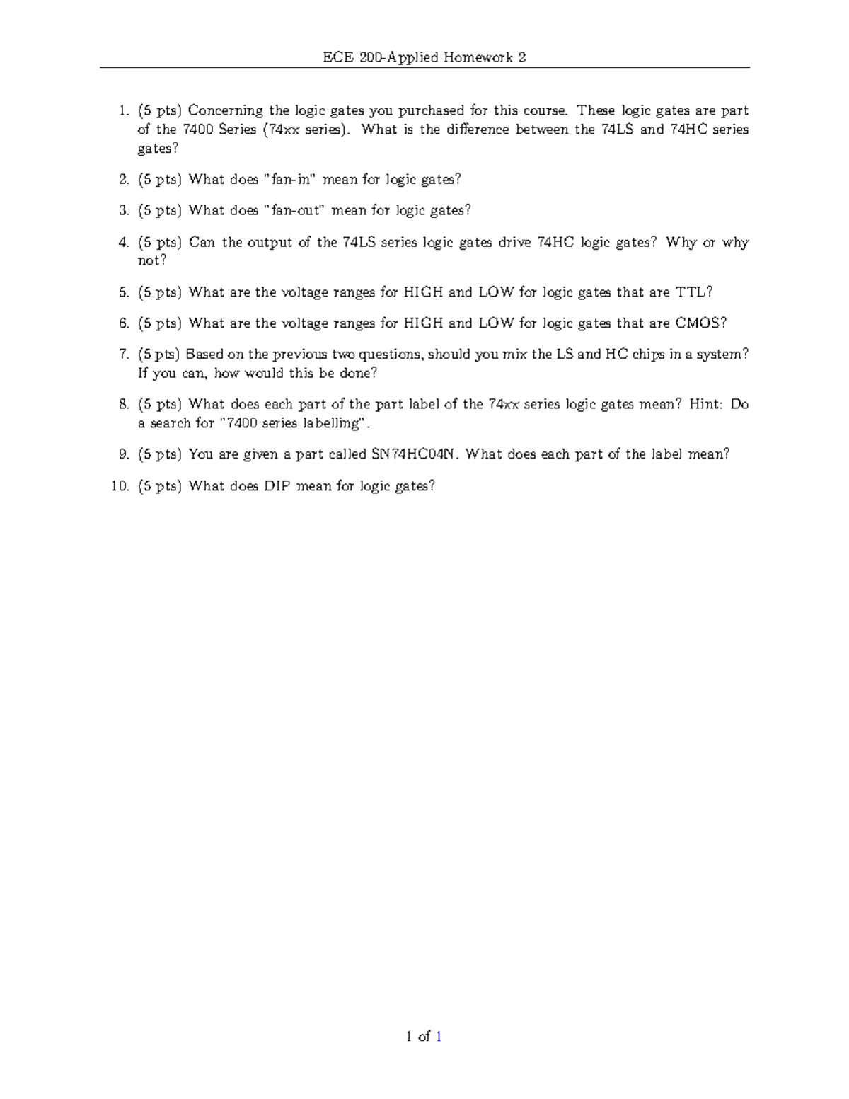 ECE 200 Applied Homework 2 - These logic gates are part of the 7400 ...