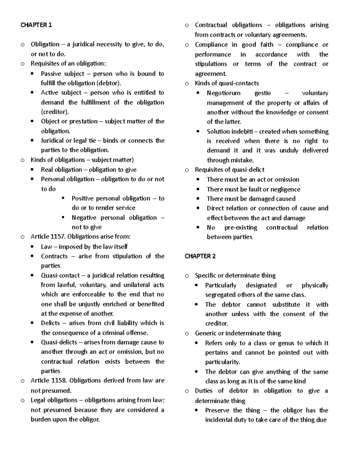 Oblicon Chapter 3 Section 1 & 2 - Law on Obligations and Contract - Studocu