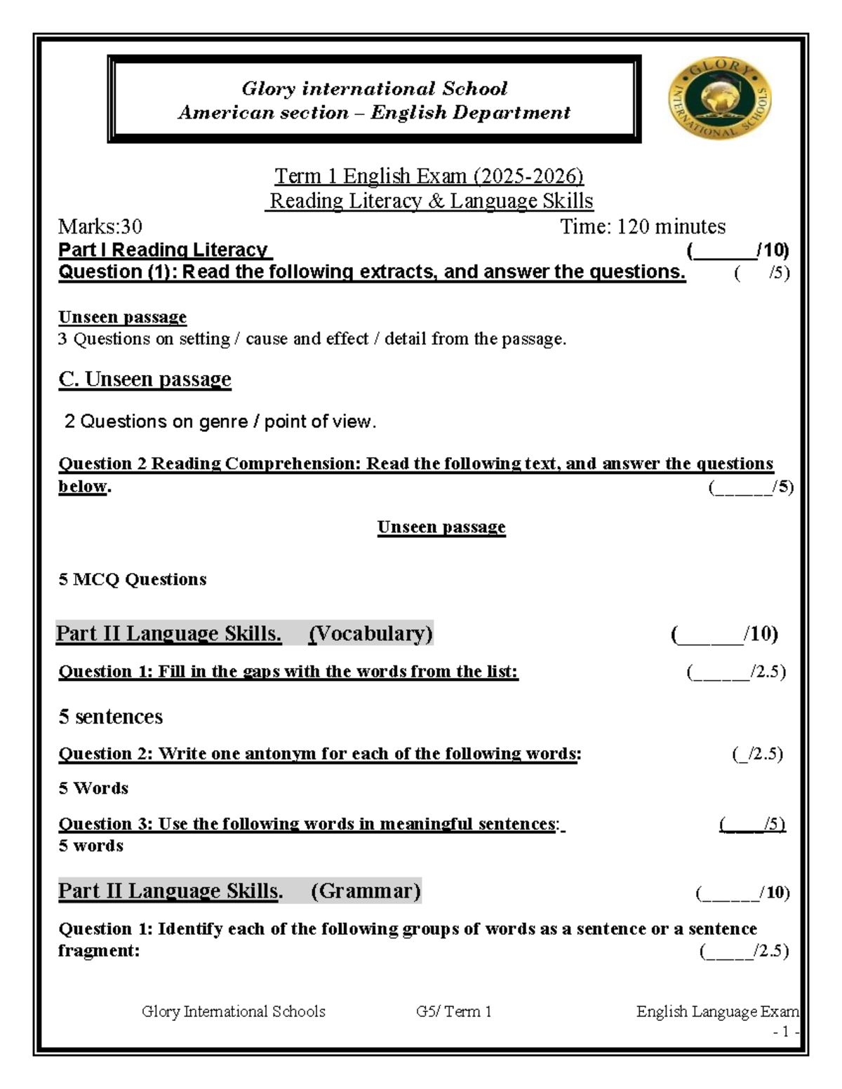 G5 S1 Term 1 English Language Exam: Reading & Literacy Skills - Studocu