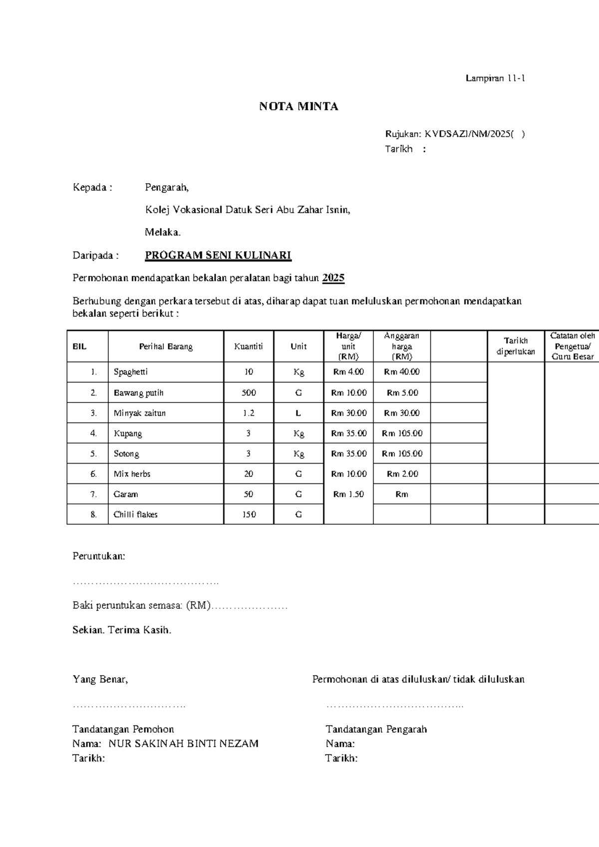Nota Permohonan Bekalan Peralatan 2025 - PROGRAM SENI KULINARI - Studocu