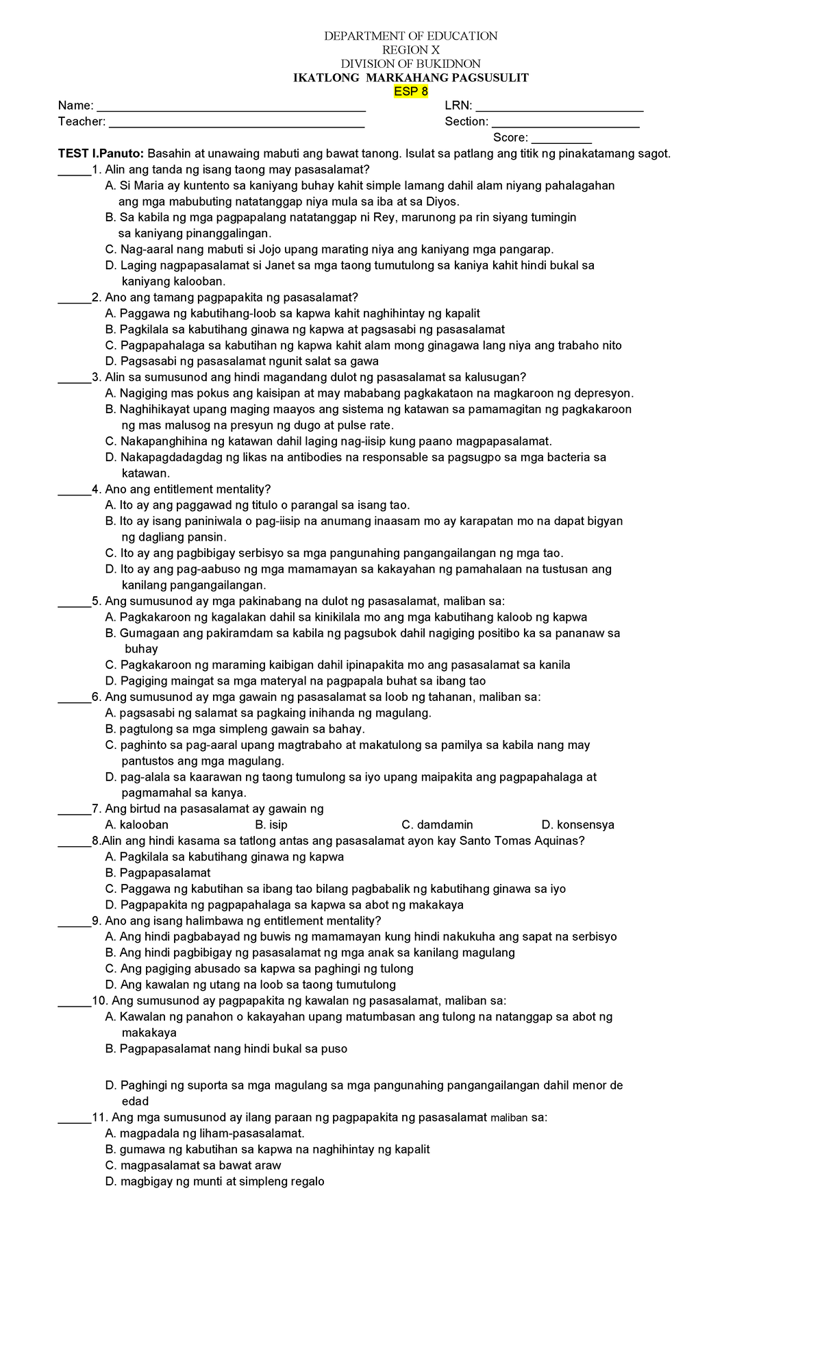 ESP 8 Third Quarter Exam Answers and Review Guide - Studocu