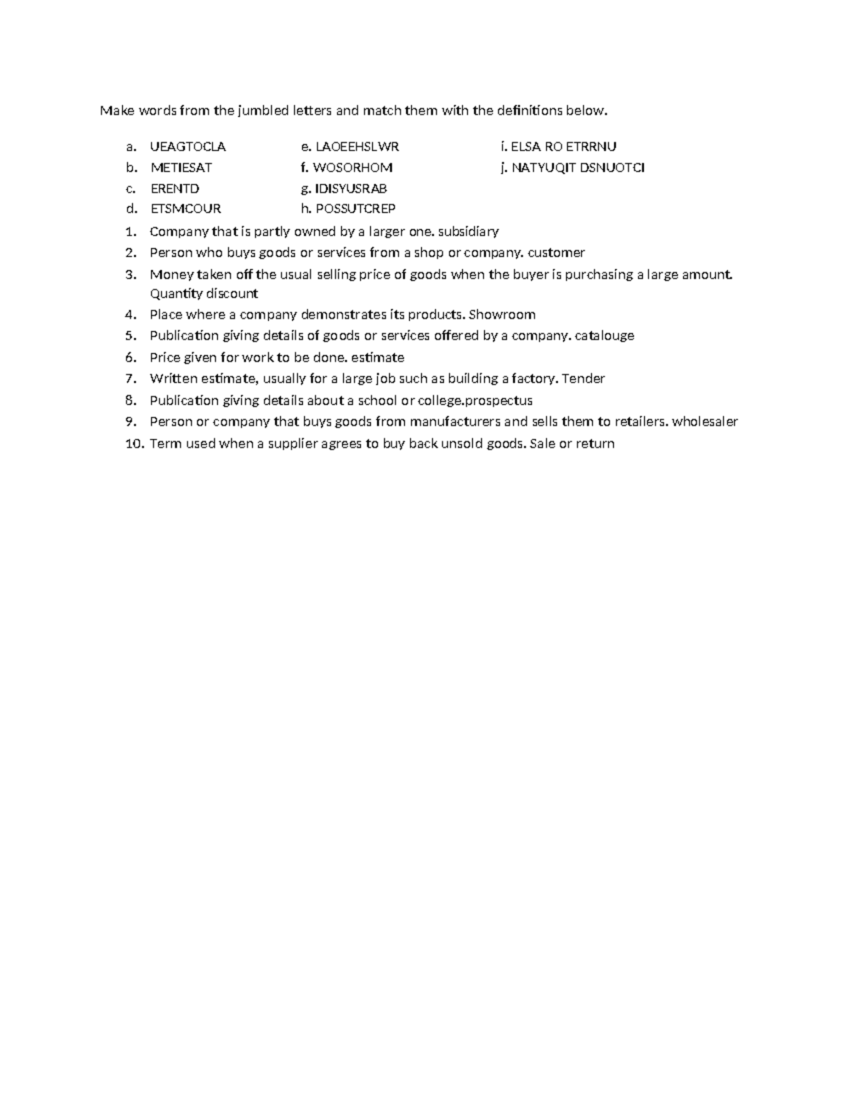 Exercise 2 - Jumbled Words and Definitions Matching Activity - Studocu