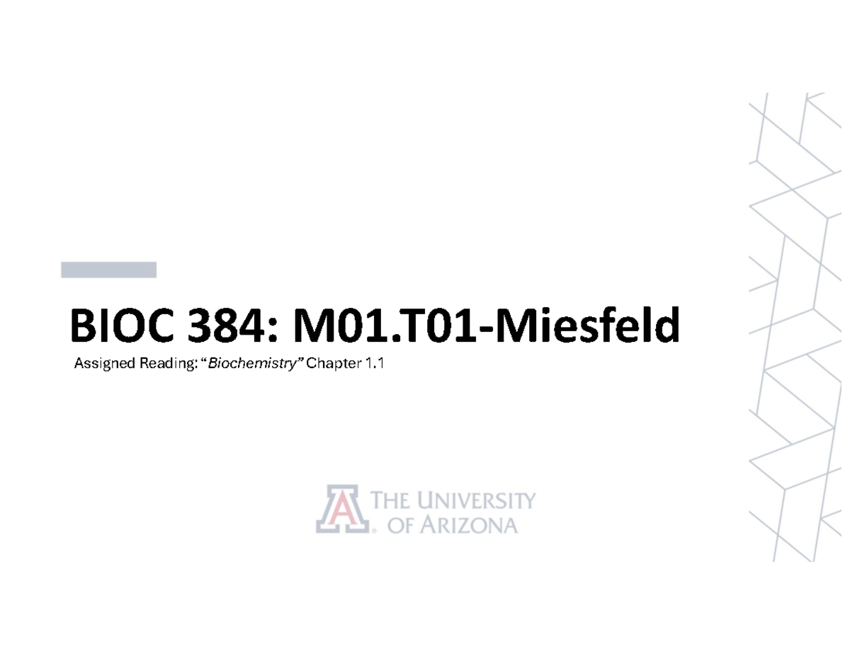 BIOC 384: Assigned Reading - Chapter 1.1 Overview of Biochemistry - Studocu