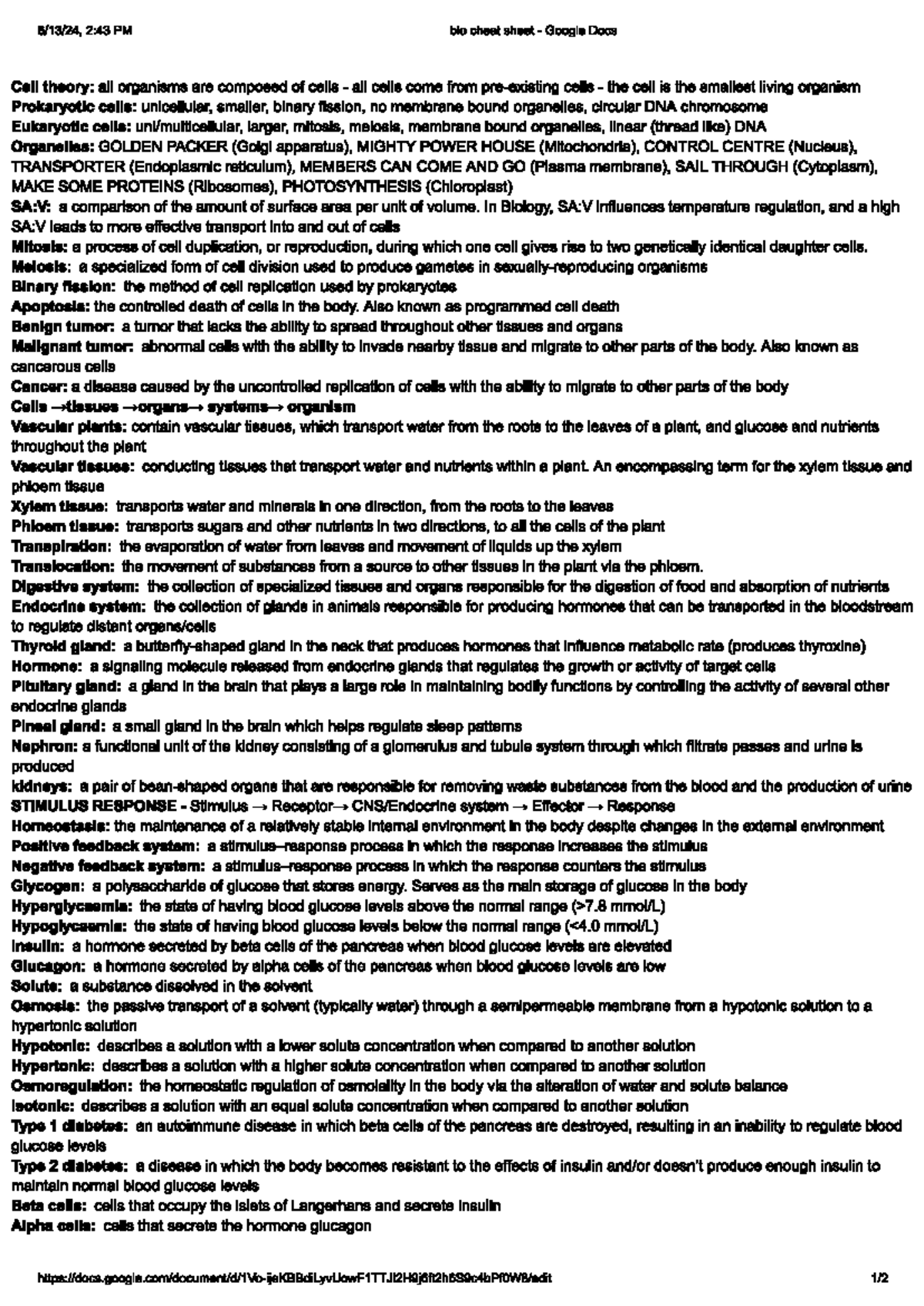 BIO 101: Comprehensive Cell Theory and Organ Systems Cheat Sheet - Studocu