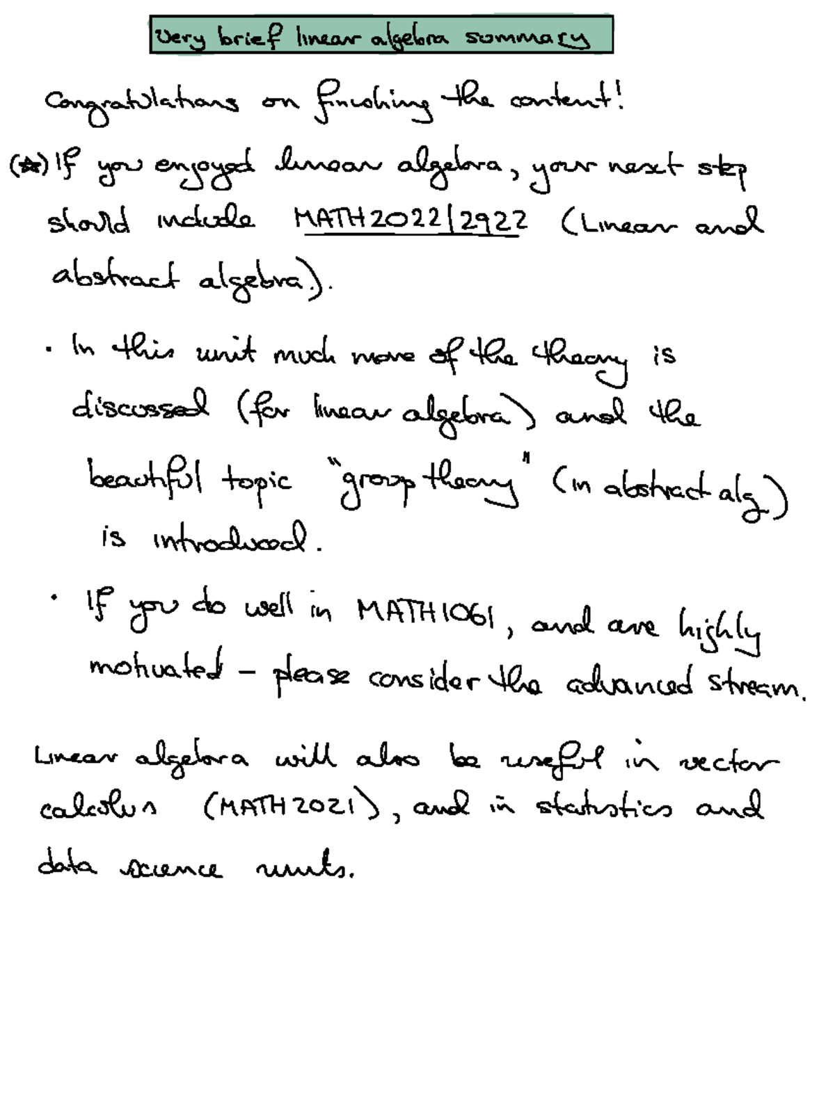MATH 1061 2026: Brief Linear Algebra Summary and Key Topics - Studocu