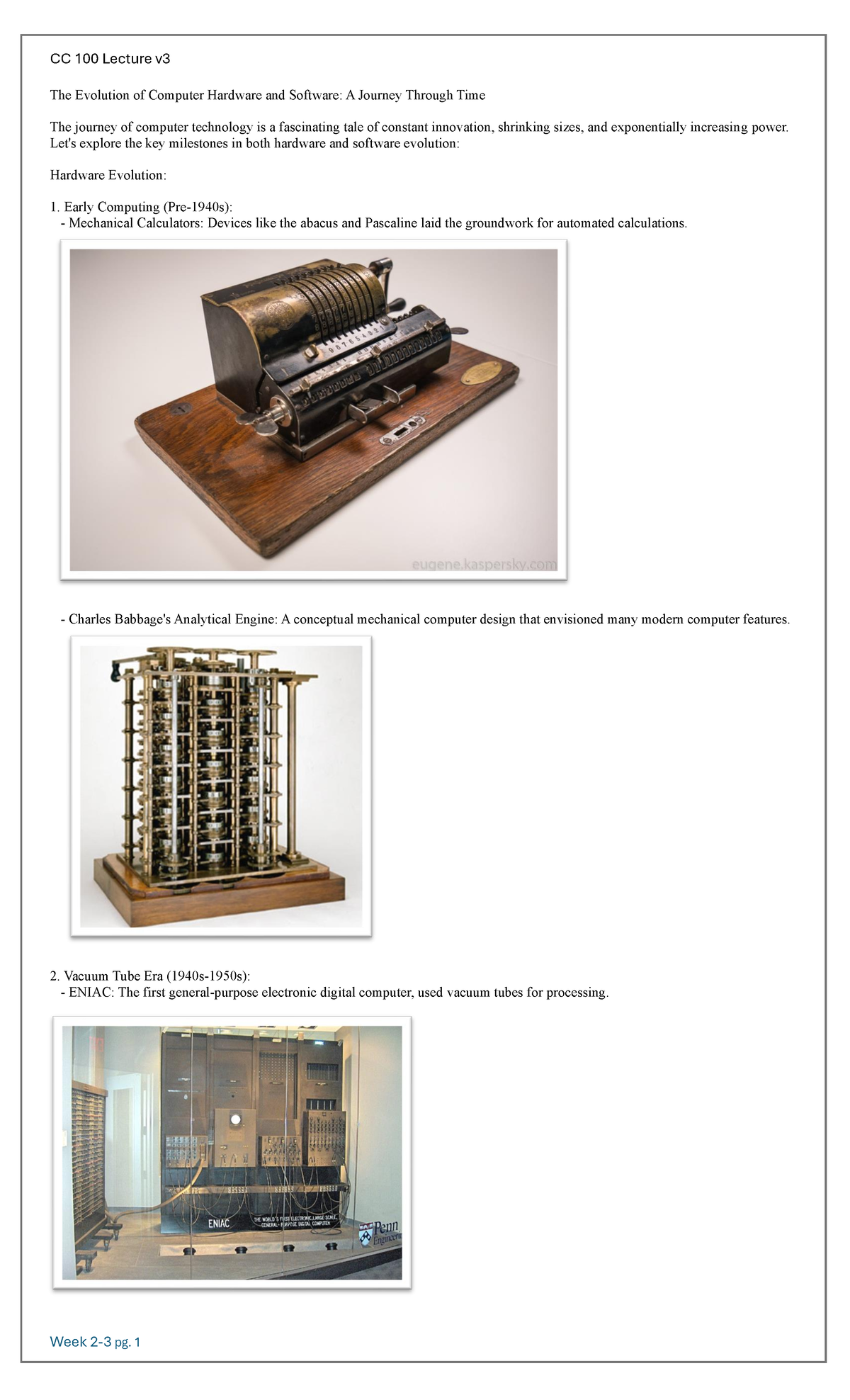 CS101: Week 2 - The Evolution of Computer Hardware & Software - Studocu