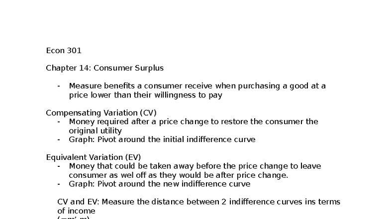 Econ 301 - Summary of Consumer Surplus, Equilibrium, and Profit ...