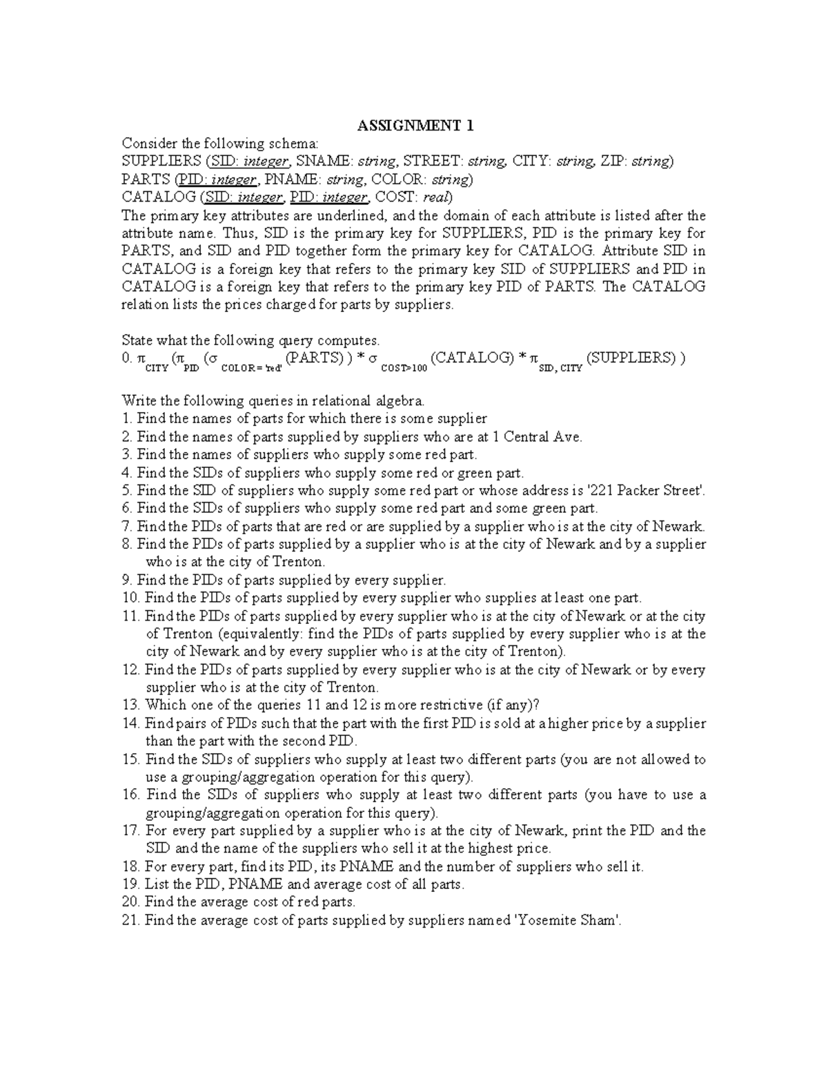 Assignment 1: Relational Algebra Queries for DB Schema Analysis - Studocu