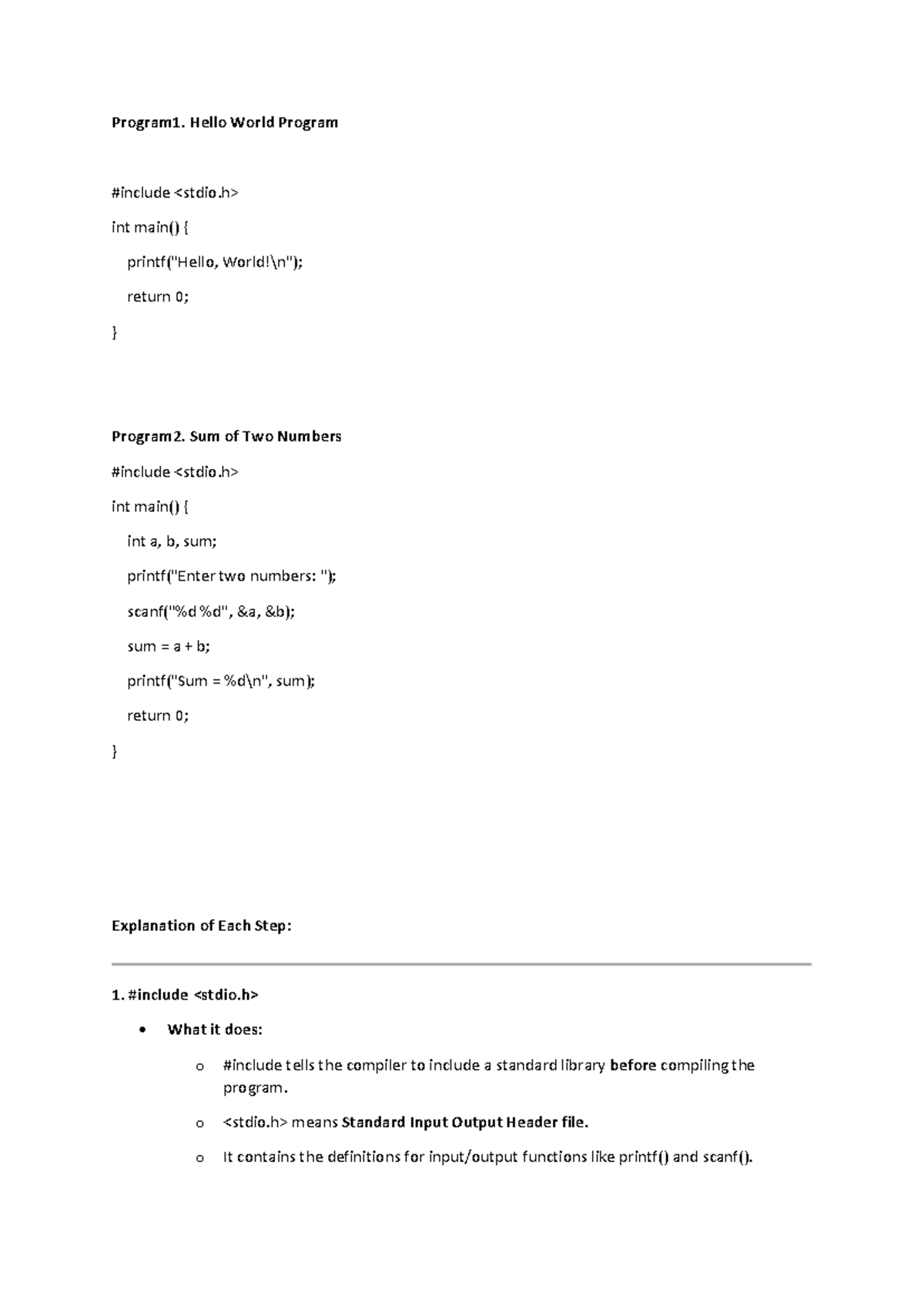 C Programming Basics: Hello World & Sum of Two Numbers - DSA - Studocu