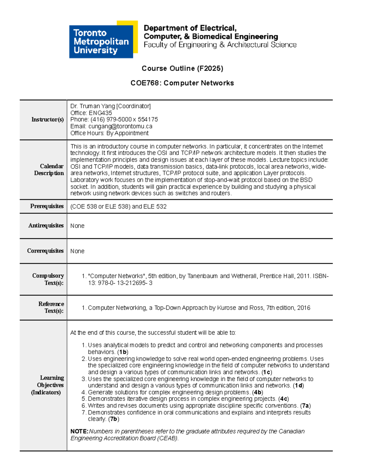 COE768 F2025: Computer Networks Course Outline and Details - Studocu