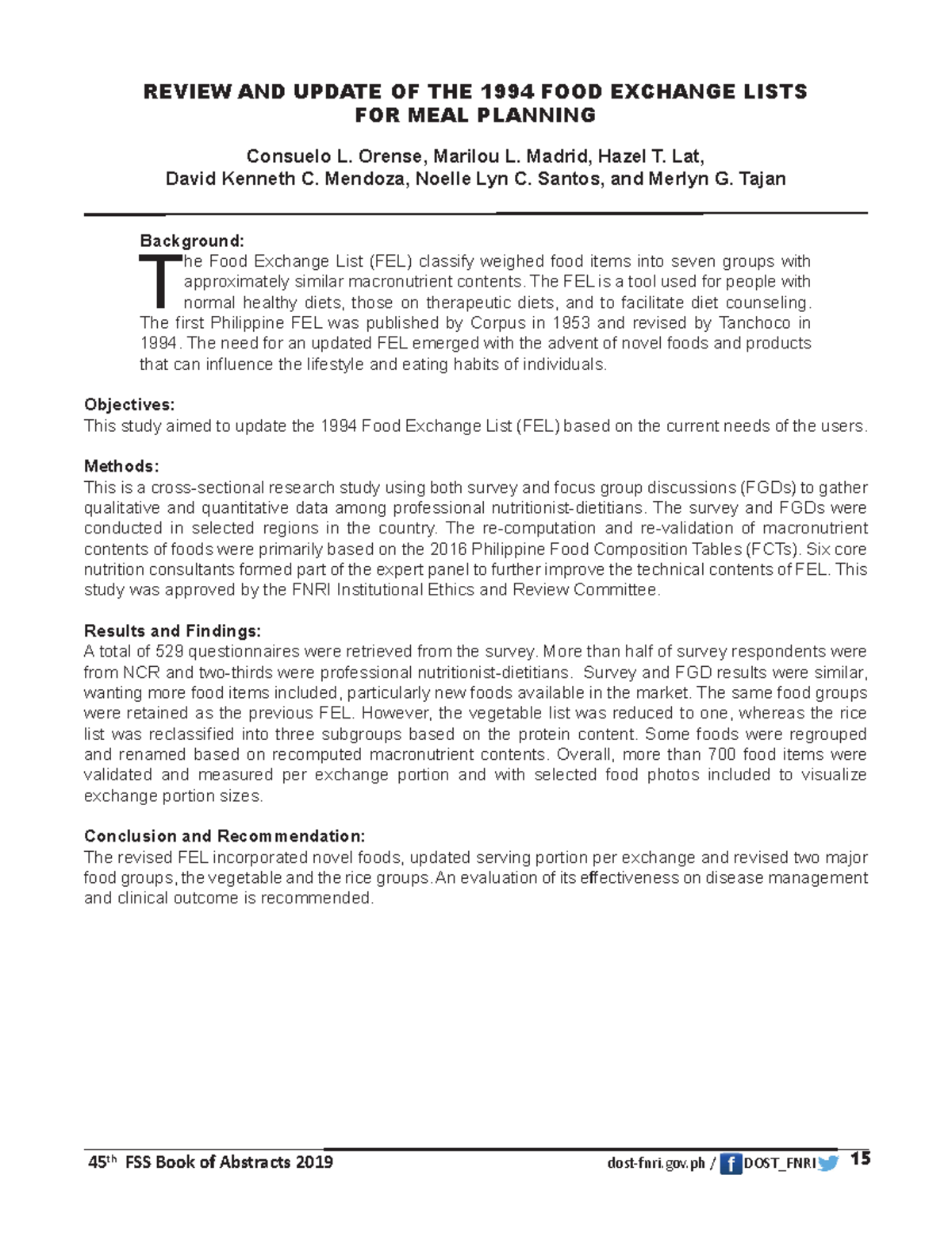 Review and Update of the 1994 Food Exchange List (FEL) for Nutrition ...