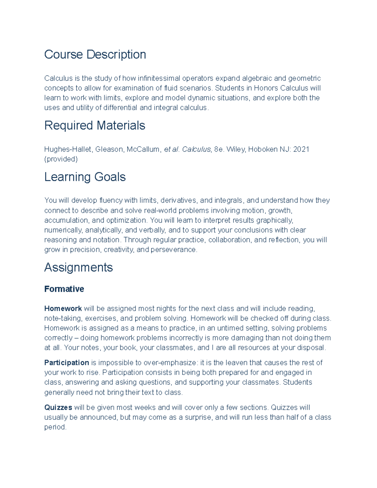 Honors Calculus (MATH 101): Course Overview & Expectations - Studocu