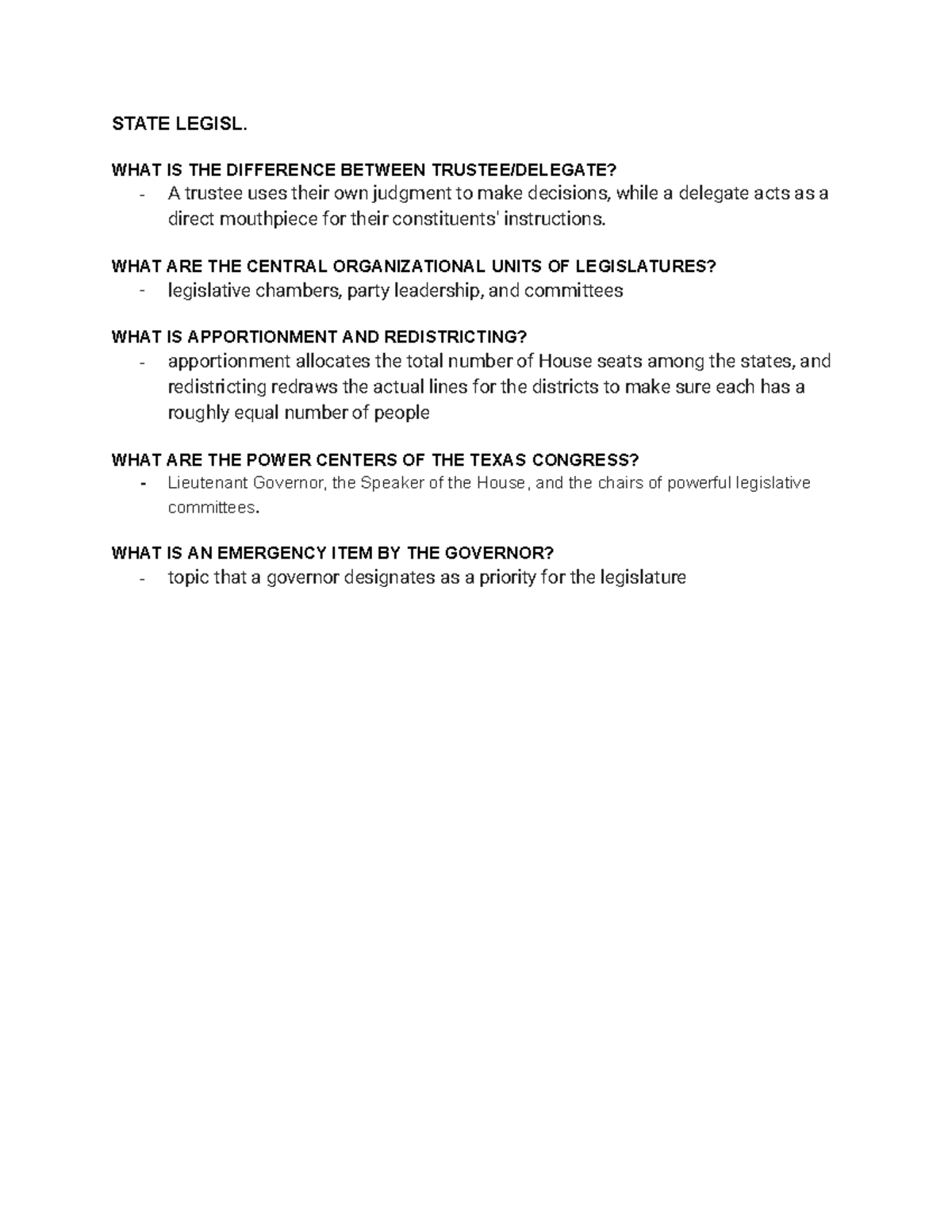 STATE & LOCAL GOVT NOTES: LEGISLATURES & POWER CENTERS - Studocu
