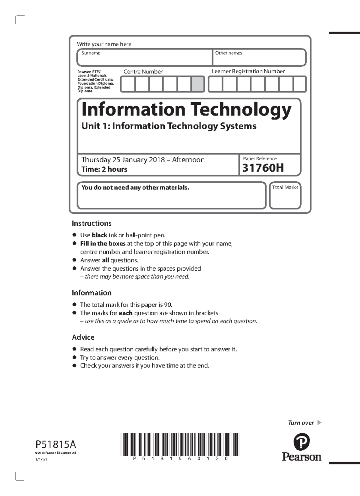 Unit 1 - IT Systems - Past Paper - January 2018 - Pearson BTEC - Studocu